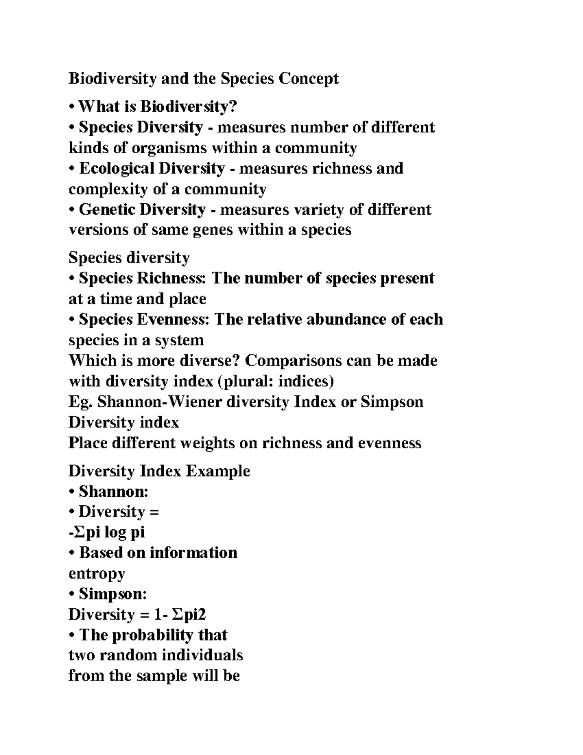 ENVS 1200- biodiversity biomes - Biodiversity and the Species Concept ...