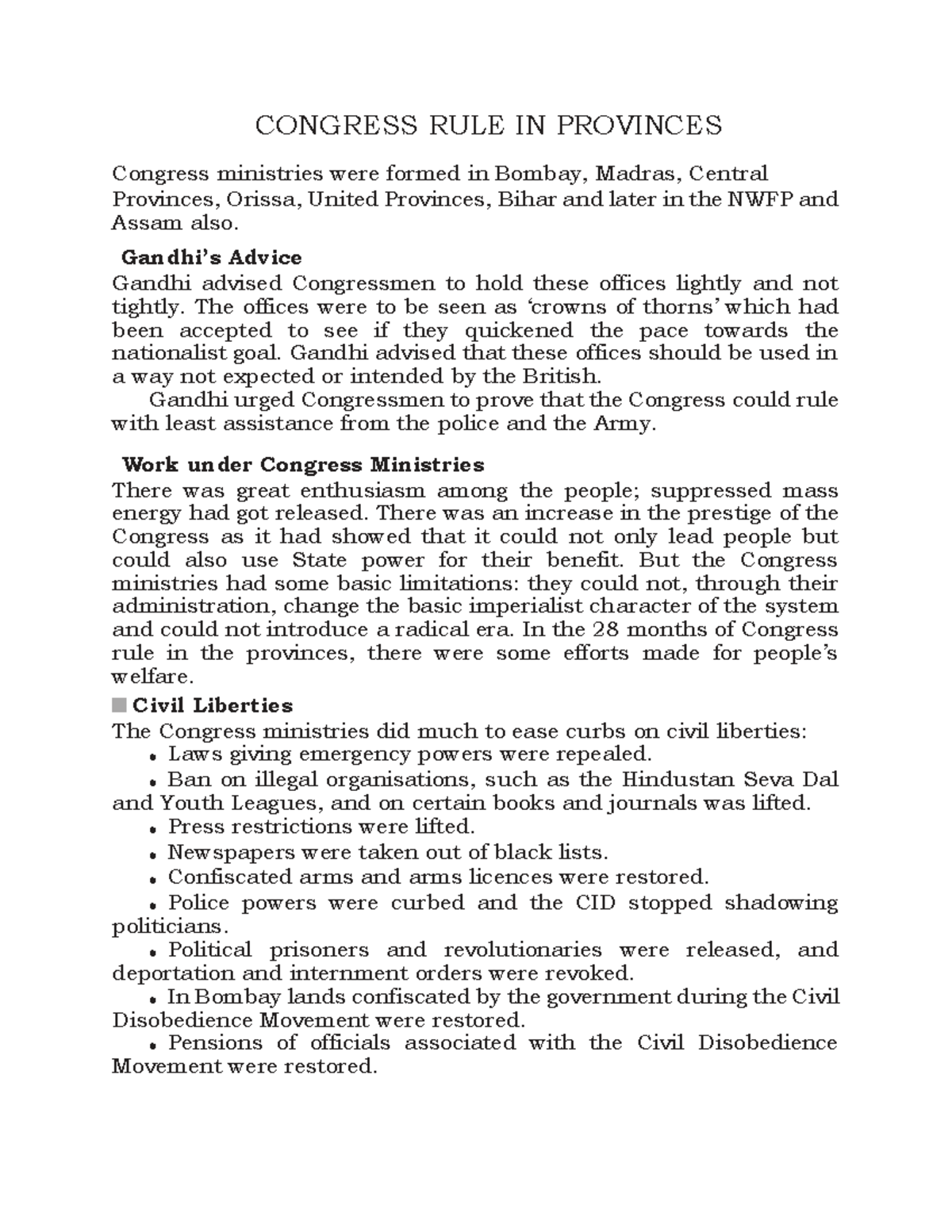 Congress RULE IN Provinces - History of Modern India - Studocu