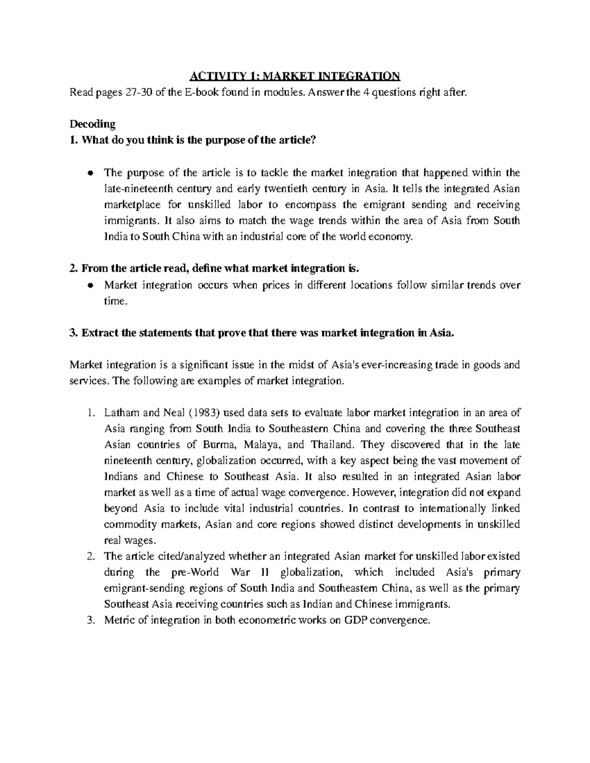 Activity 1 - Understanding The Self - ACTIVITY 1: MARKET INTEGRATION ...