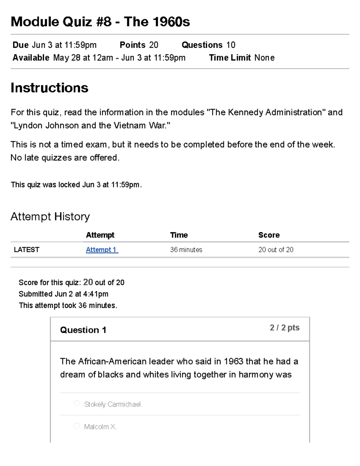 Module Quiz #8 - The 1960s - Module Quiz #8 - The 1960s Due Jun 3 at 11 ...