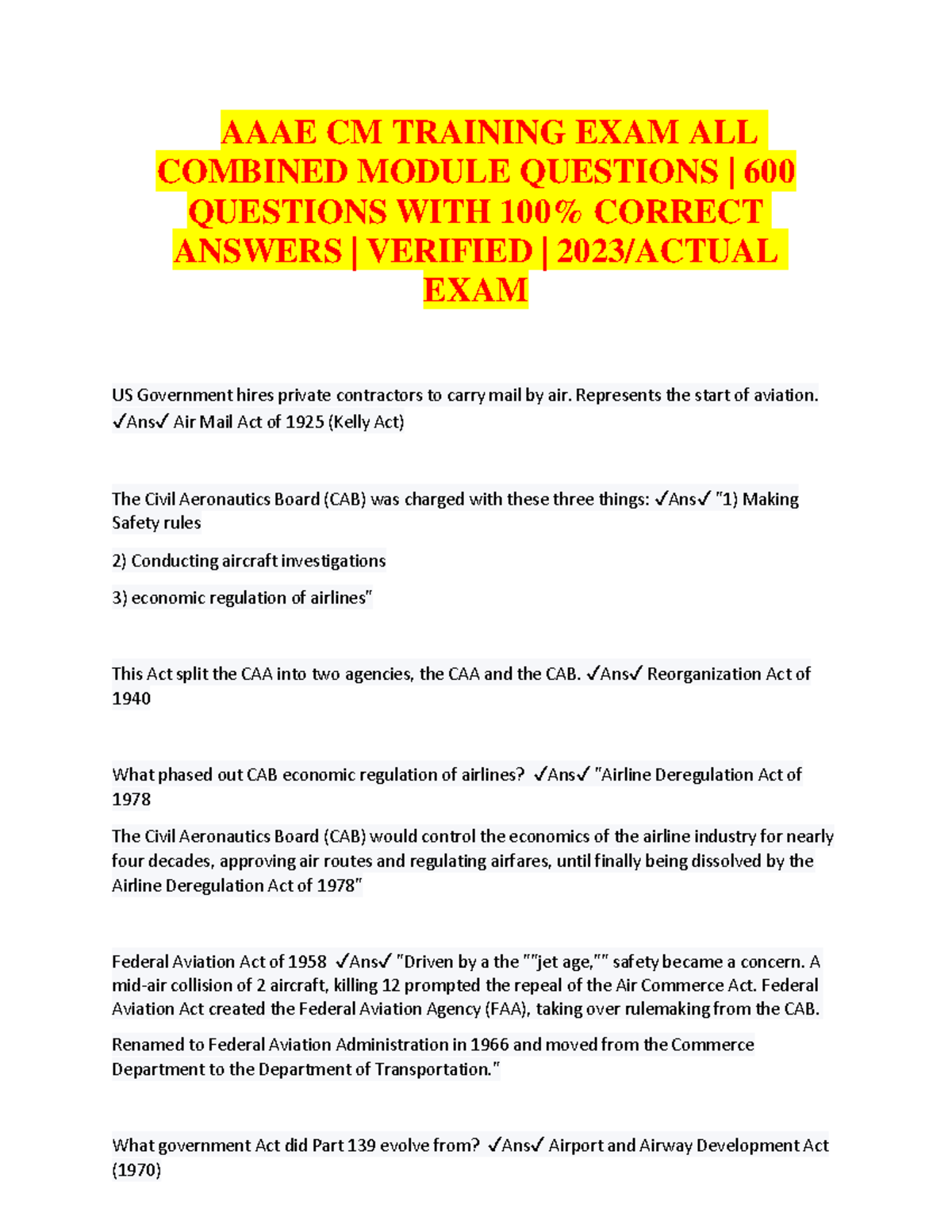 Aaae cm all combined module questions - Federal Aviation Act of 1958 ...