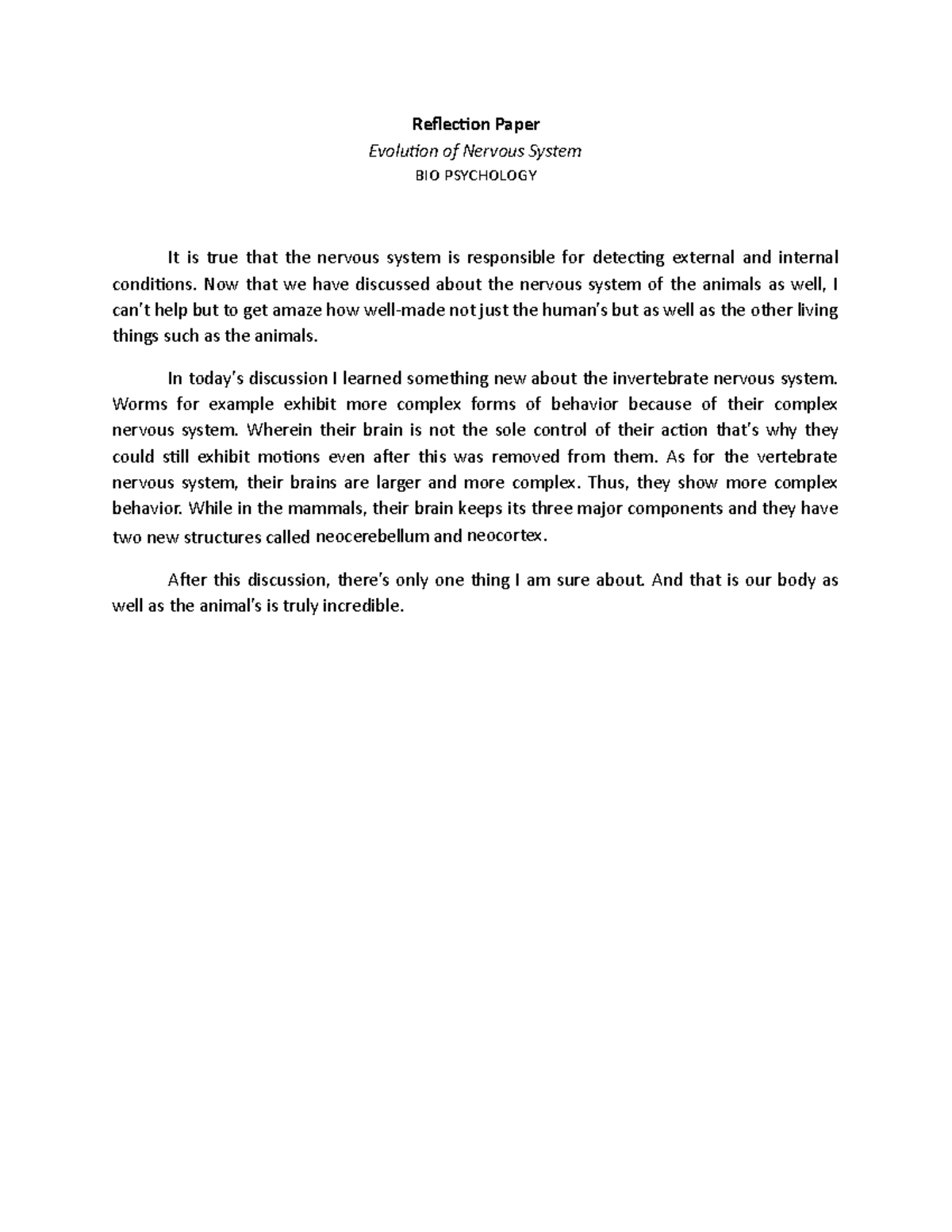 Reflection Evolution of Nervous System Bio Psych - Relecion Paper ...