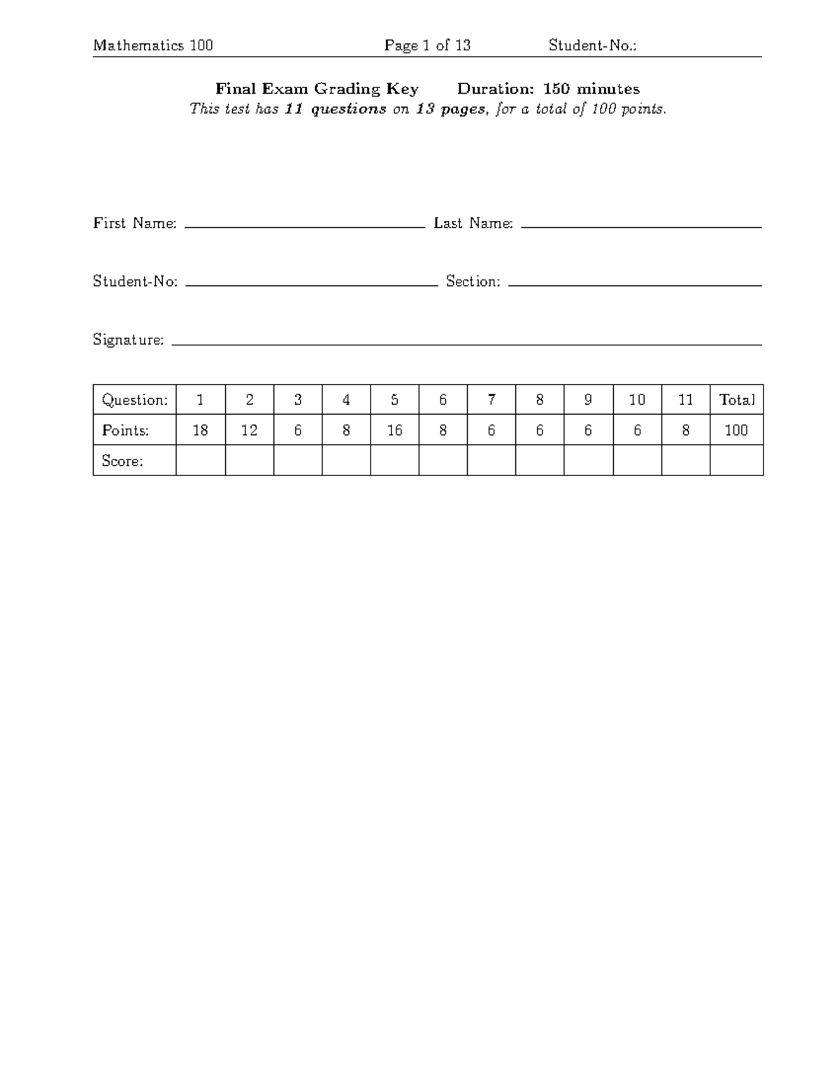 Final 2018 - Final Exam Grading Key Duration: 150 minutes This test ...
