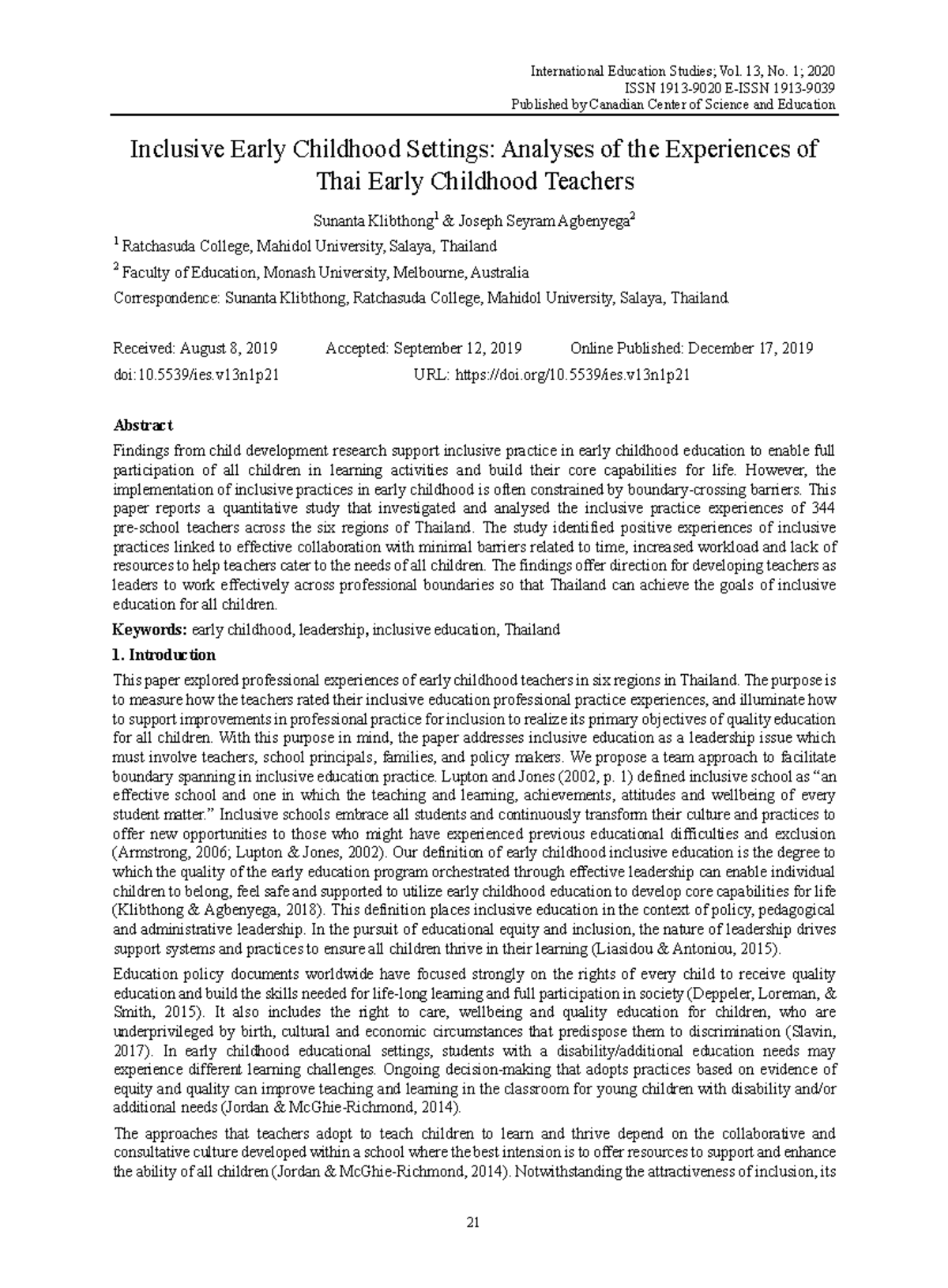 Cerae - International Education Studies; Vol. 13, No. 1; 2020 ISSN 1913 ...