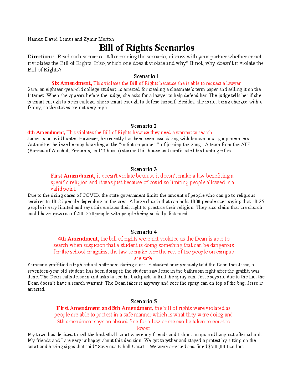 Copy of bill of rights scenarios - Names: David Lemus and Zymir Morton ...