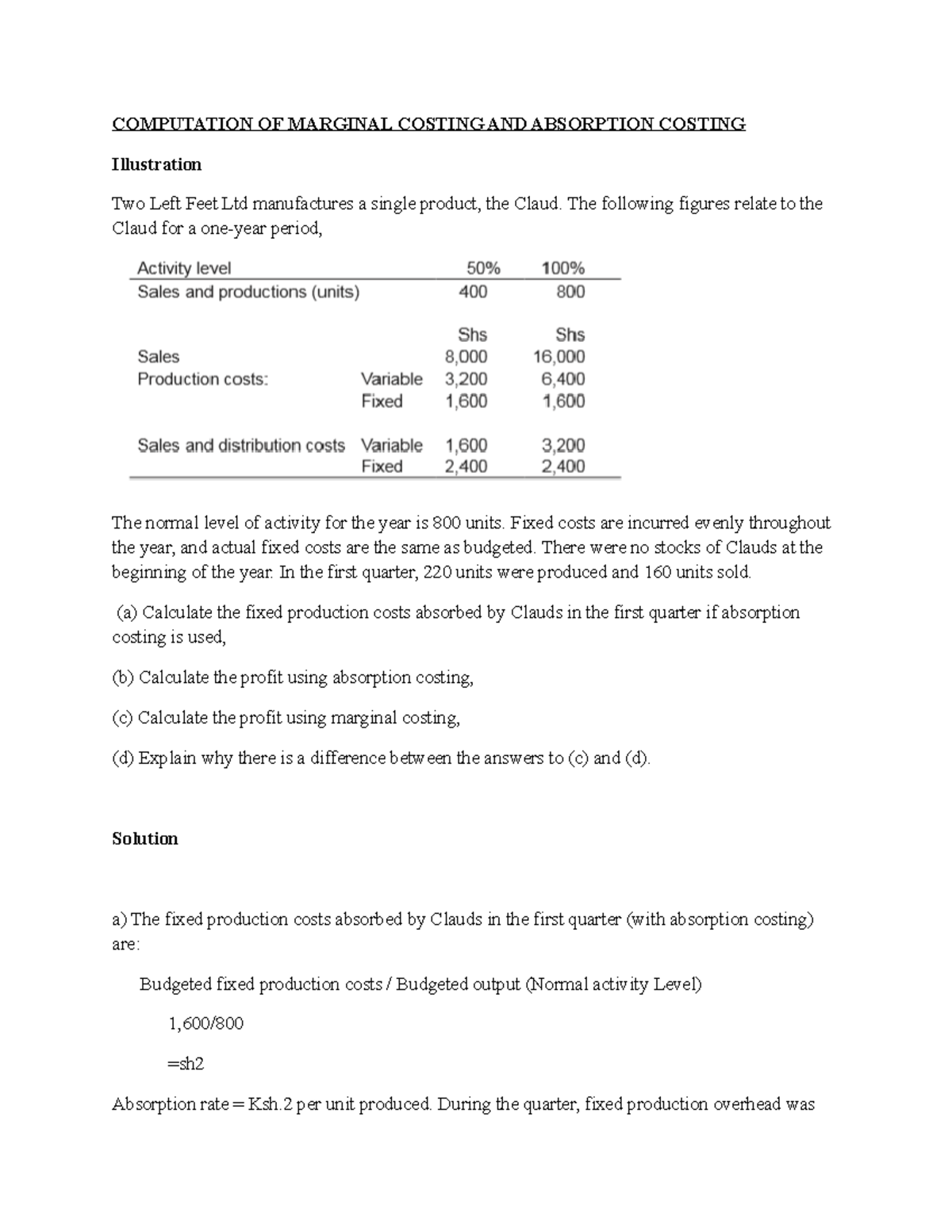 Computation OF Marginal Costing AND Absorption Costing - COMPUTATION OF ...