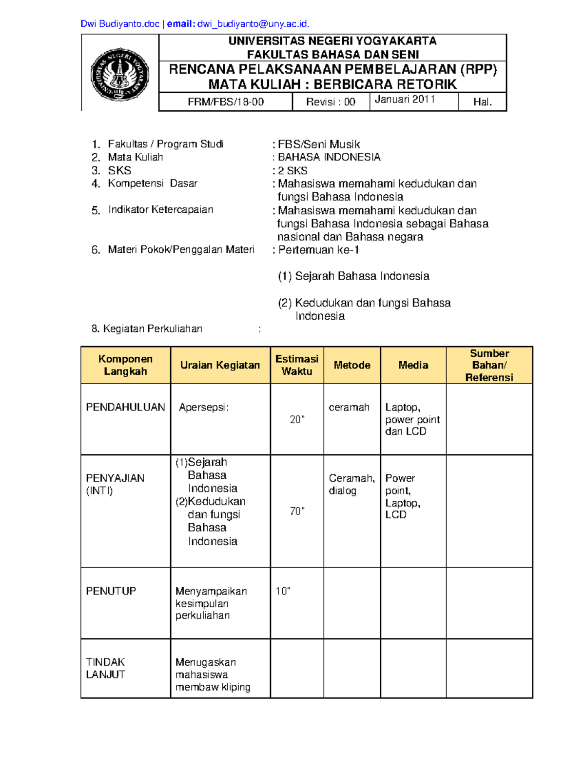 Rpp-bahasa-indonesia - FAKULTAS BAHASA DAN SENI RENCANA PELAKSANAAN ...