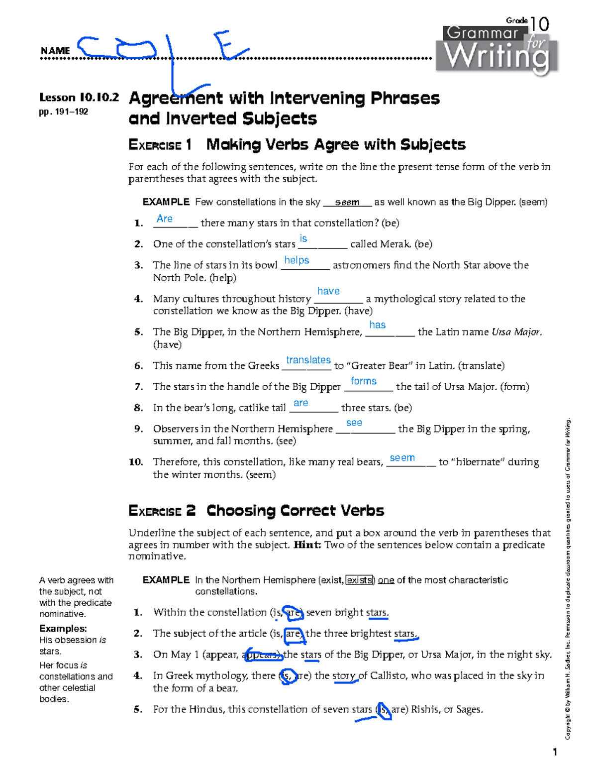 Exercise 2 - WS for English 10 - Copyright © by William H. Sadlier, Inc ...