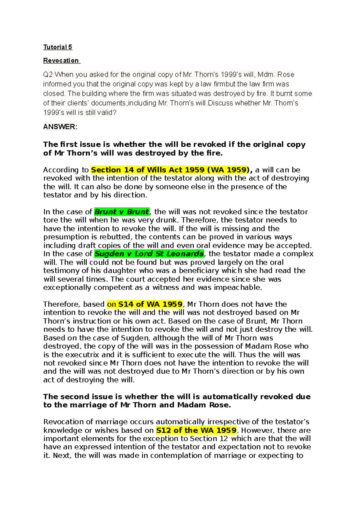 Tutorial 5- Succession - Tutorial 5 Revocation Q2 When you asked for the original copy of Mr ...