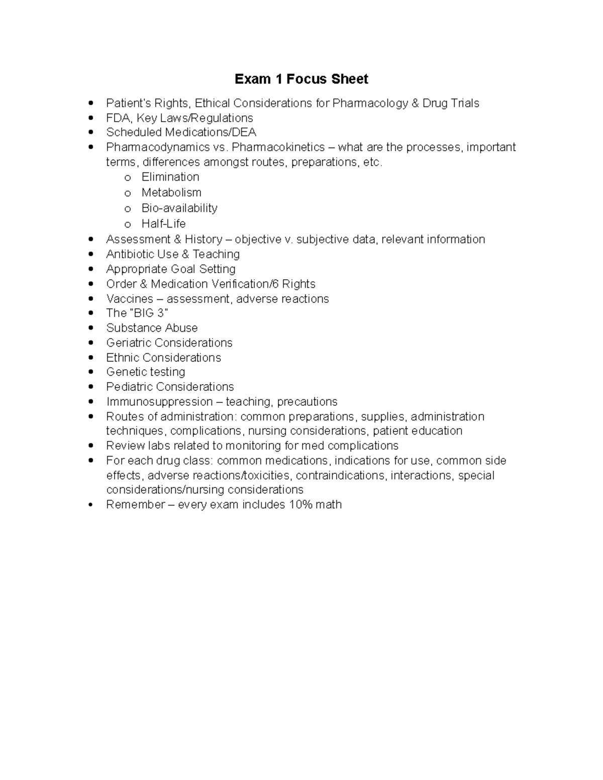 Exam 1 focus guide - asdasdasdasdsad - Exam 1 Focus Sheet Patient’s ...