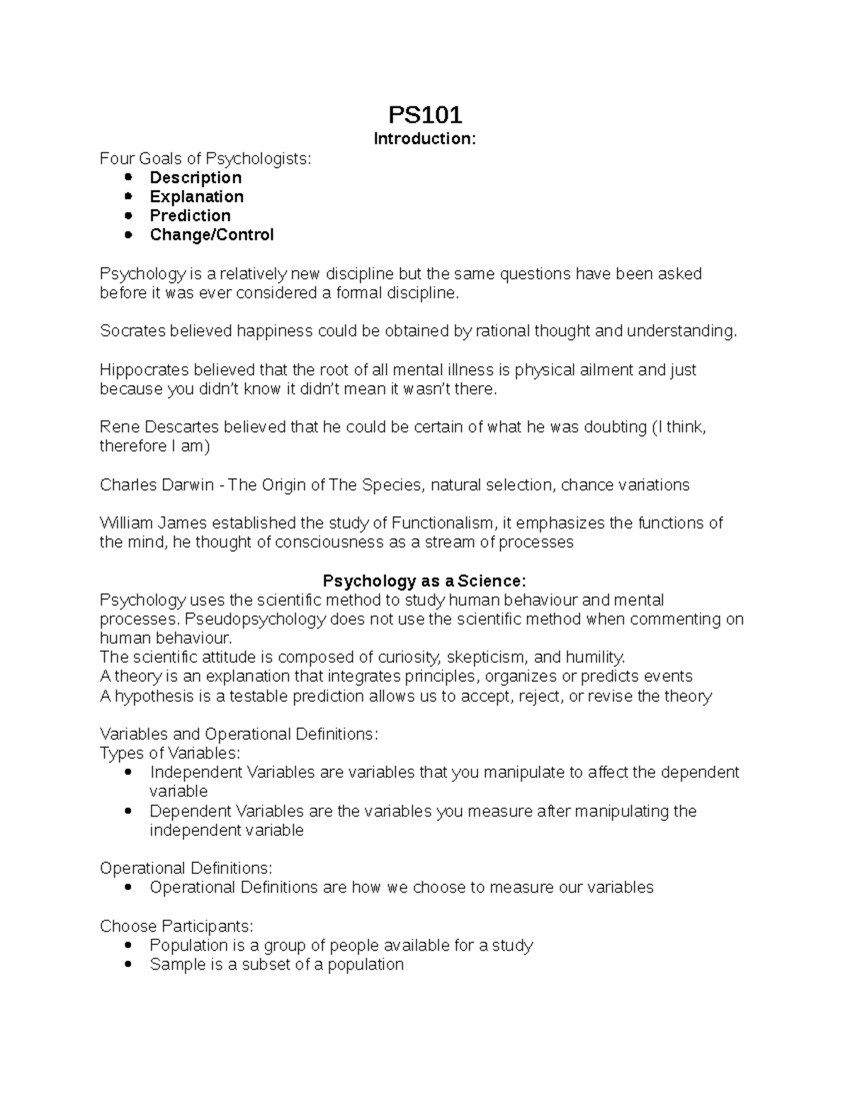 PS - 101 notes 2 - PS Introduction: Four Goals of Psychologists ...