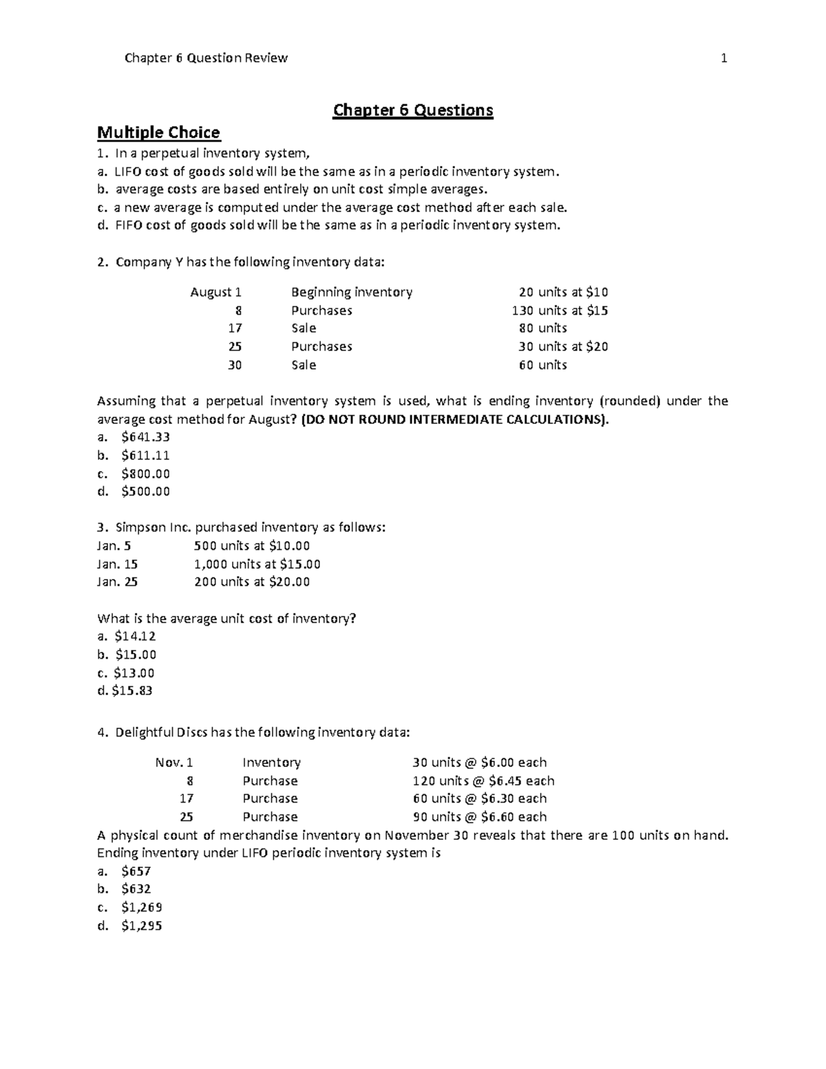 Chapter 6 Question Review - Chapter 6 Questions Multiple Choice In a ...