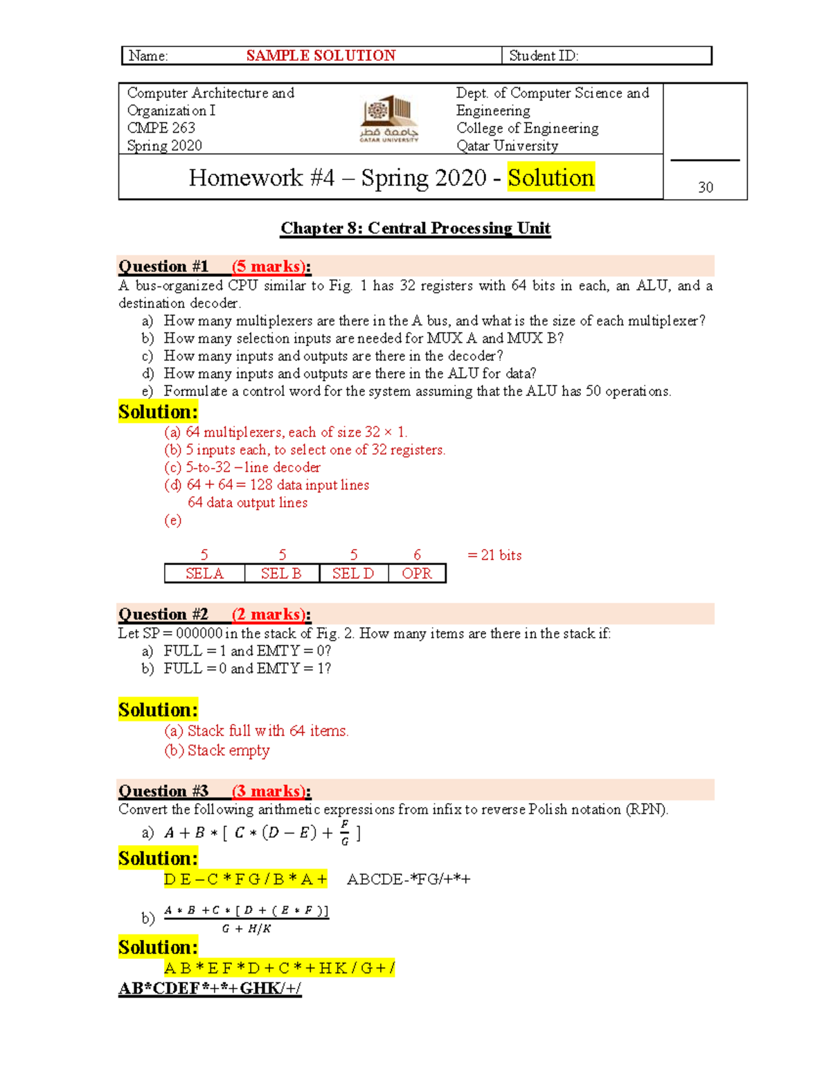 CMPE263 Spring 2020 HW 04-Solution - Name: SAMPLE SOLUTION Student ID: Computer Architecture and ...