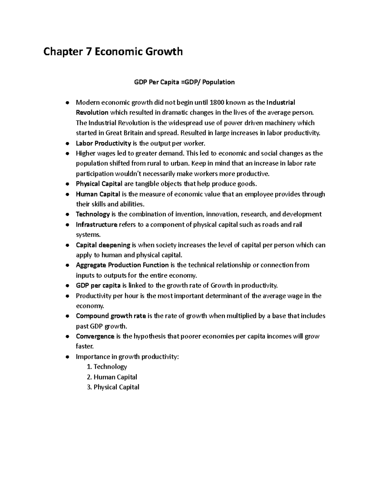 Macroeconomics Chapter Notes #7,8 - Chapter 7 Economic Growth GDP Per ...