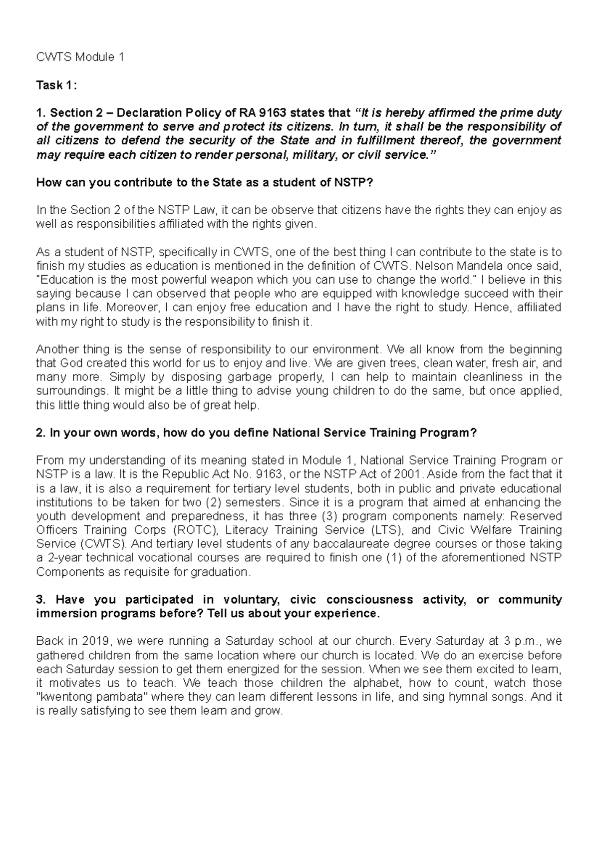 TASK - CWTS Module 1 - Assignment - CWTS Module 1 Task 1: Section 2 ...