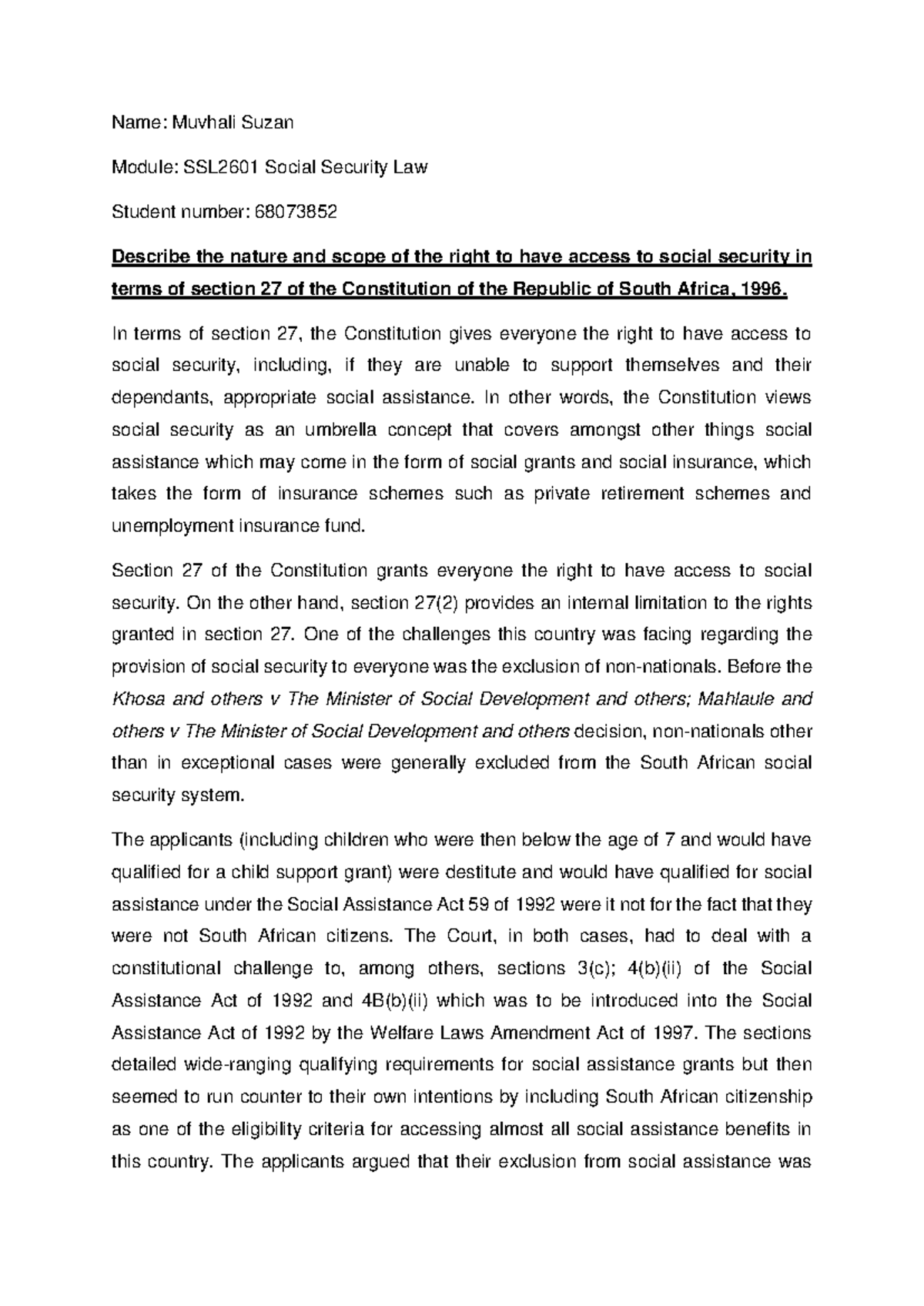 SSL2602 Assignment 2 - social security assessment - Name: Muvhali Suzan ...