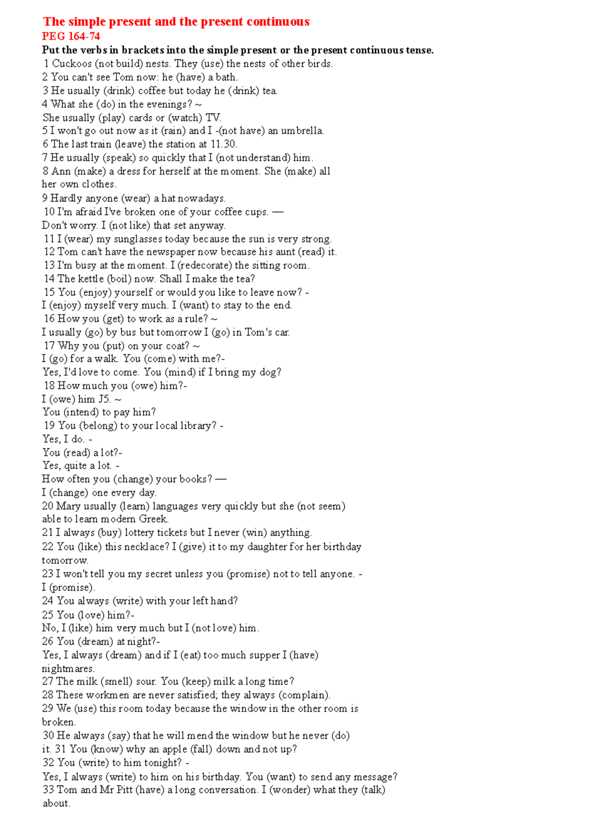 Tenses 1 - exercises - The simple present and the present continuous ...