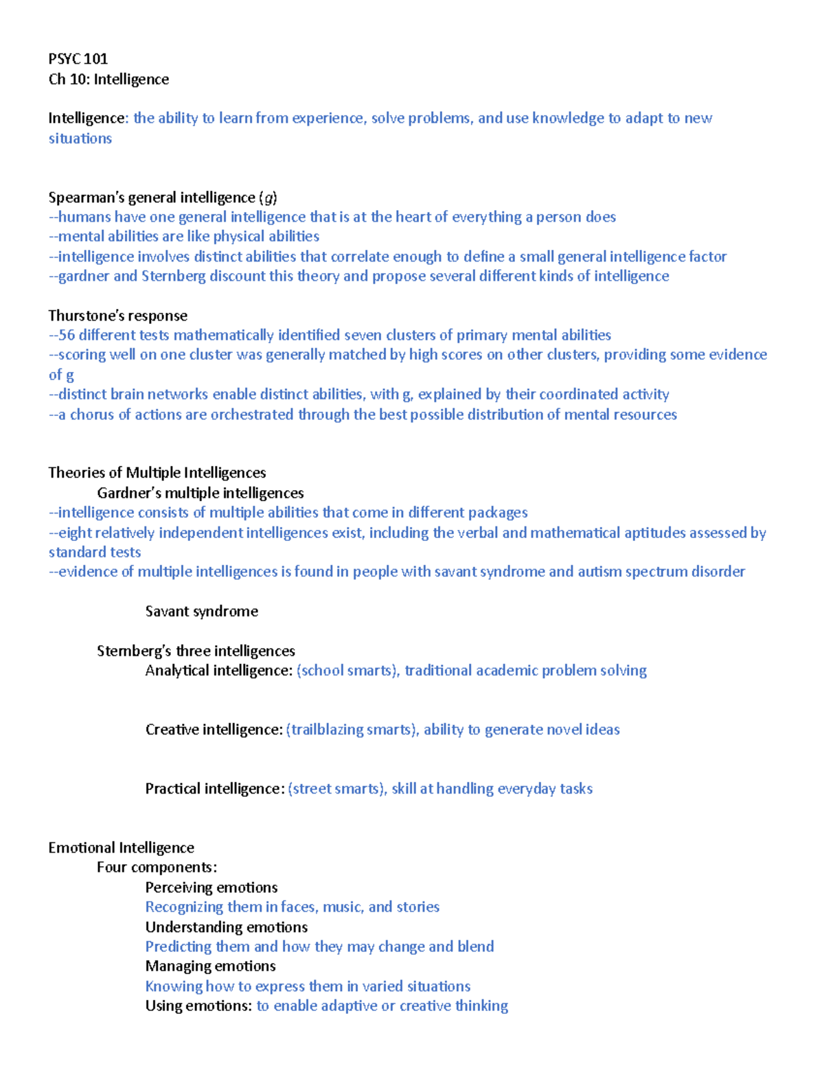 Ch 10 - Intelligence Outline - PSYC 101 Ch 10: Intelligence ...