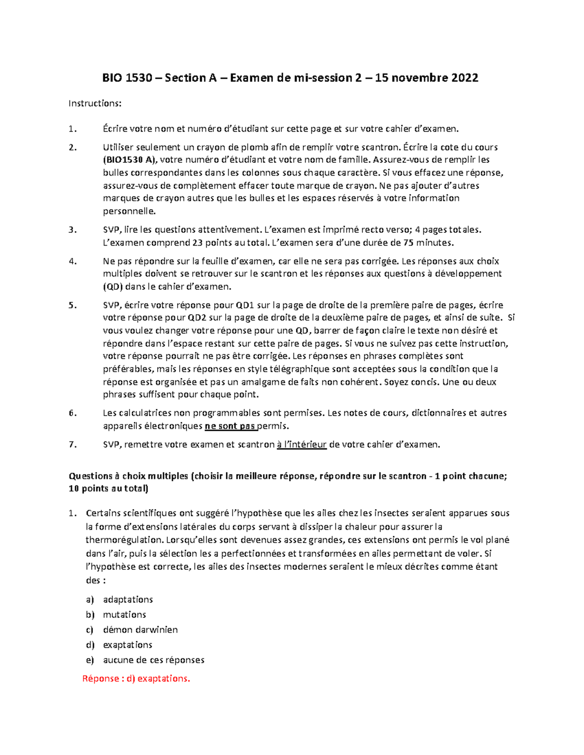 BIO1530 MI- Session 2A 2022-corrigé - BIO 1530 – Section A – Examen de ...