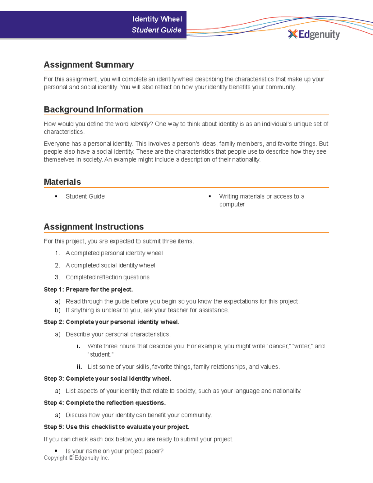 Project Identity Wheel Student Guide - Assignment Summary For this ...