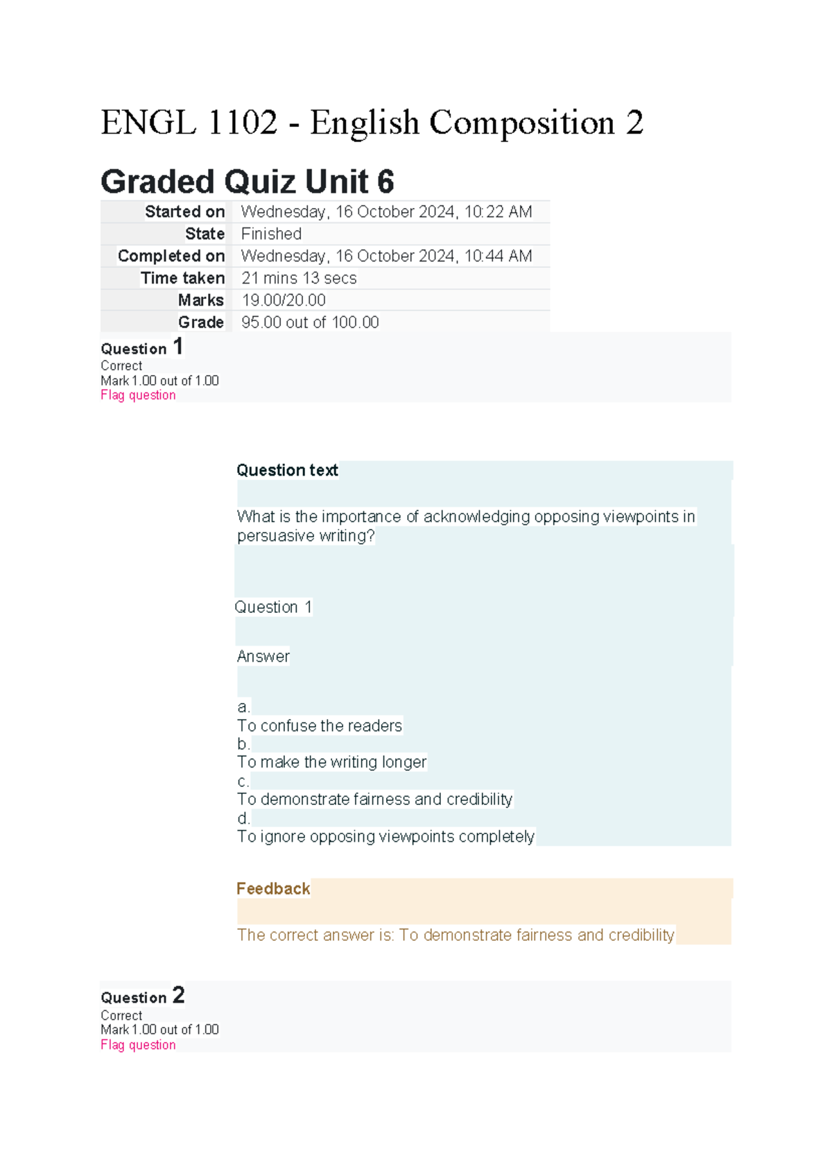 ENGL 1102 Graded Quiz 2 - ENGL 1102 - English Composition 2 Graded Quiz ...