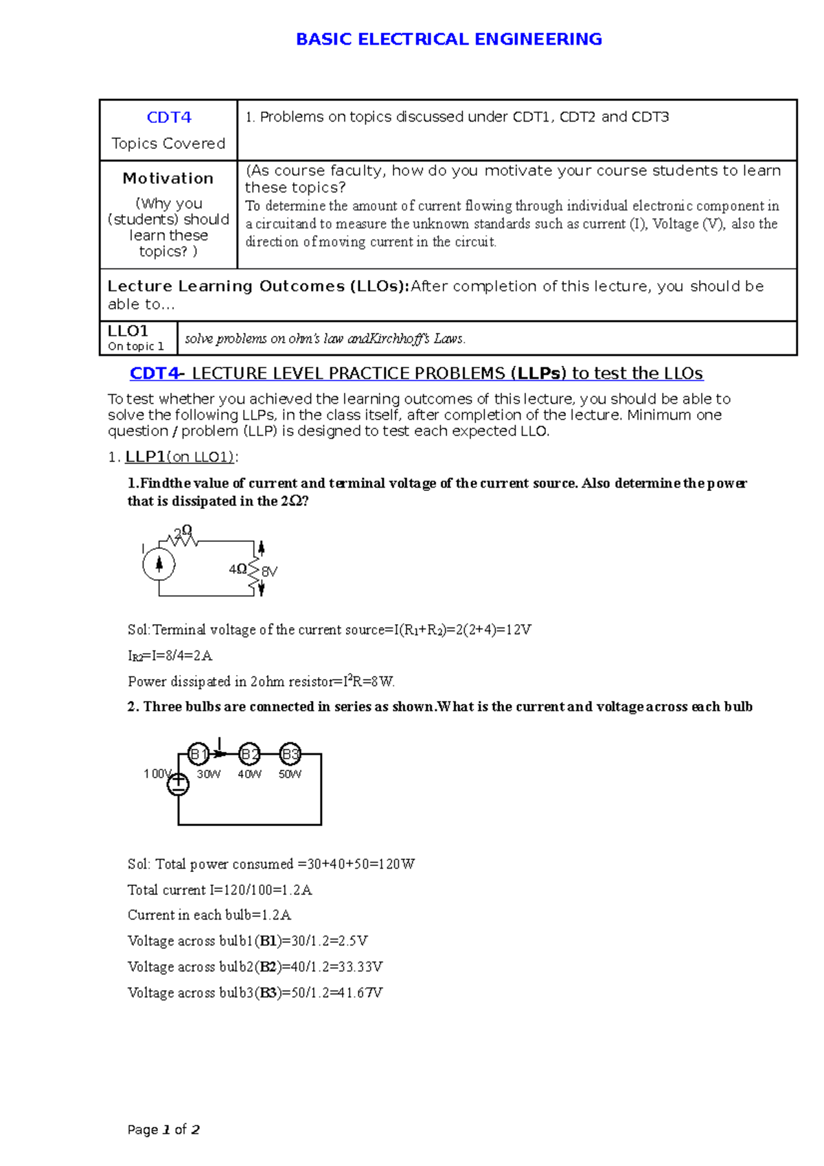 BEE CDT4 Summary 2021-22 - BASIC ELECTRICAL ENGINEERING CDT Topics Covered 1. Problems on topics ...