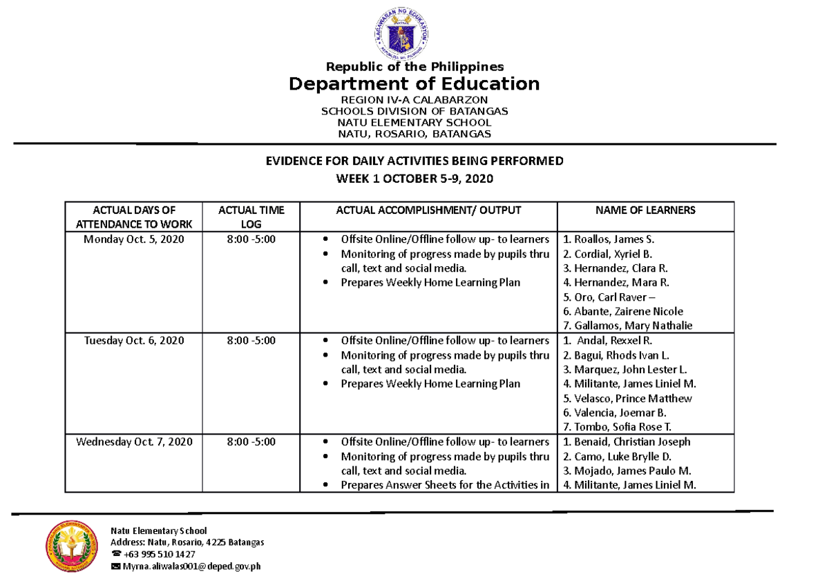 Evidence FOR Daily Activities Being Performed - Department of Education ...