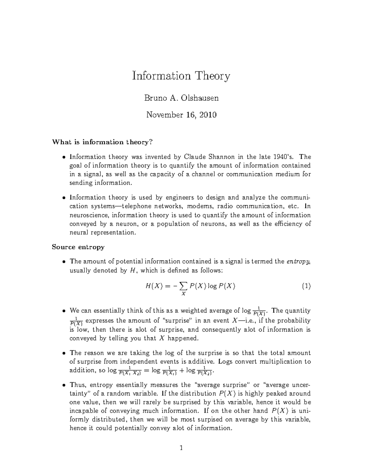 Information theory literature - Information Theory Bruno A. Olshausen ...