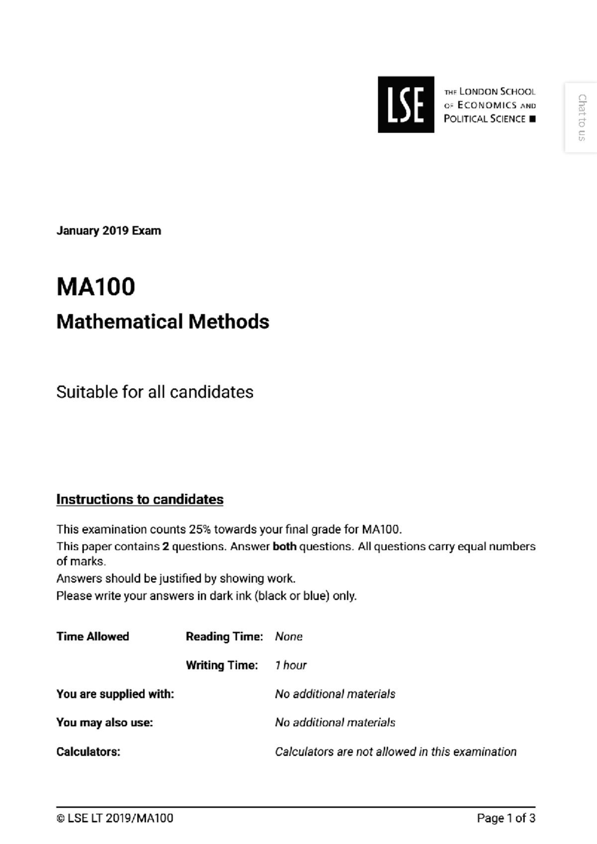 MA100 LT 2019 - exam paper - MA100 - We aim to describe Library ...
