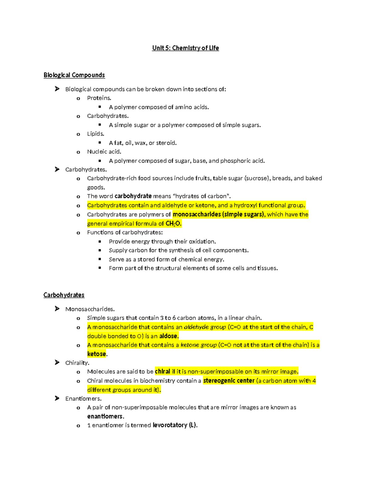 Unit 5 - Chemistry of Life - Unit 5: Chemistry of Life Biological ...
