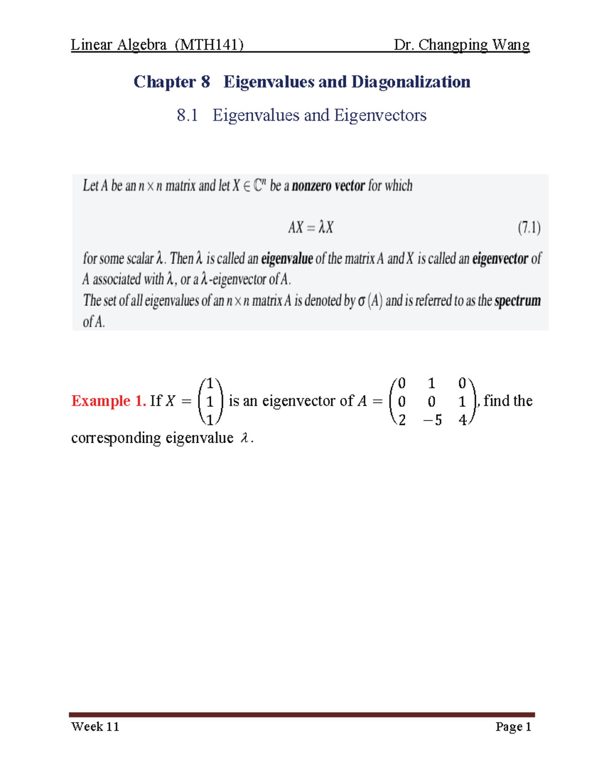 MTH141 - Week 11 (Chapter 8 - Chapter 8 Eigenvalues and Diagonalization 8 Eigenvalues and - Studocu