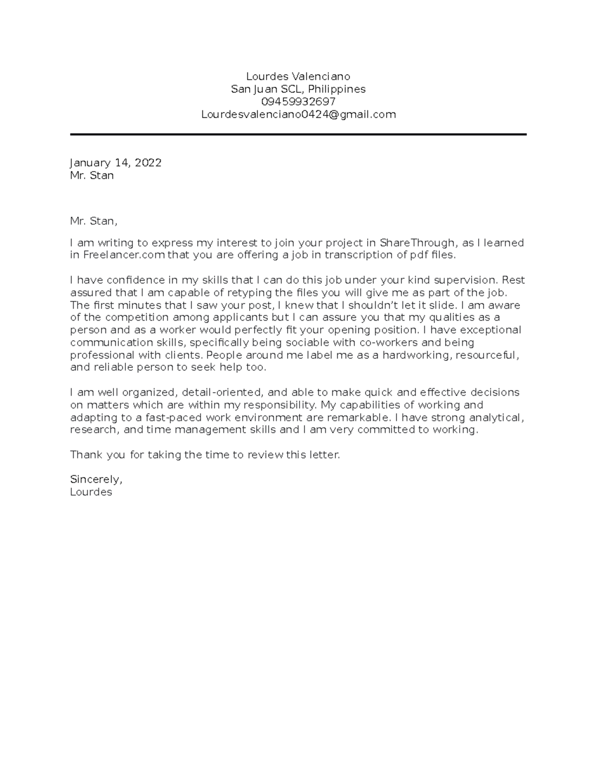 Cover Letter - Template - Lourdes Valenciano San Juan SCL, Philippines ...