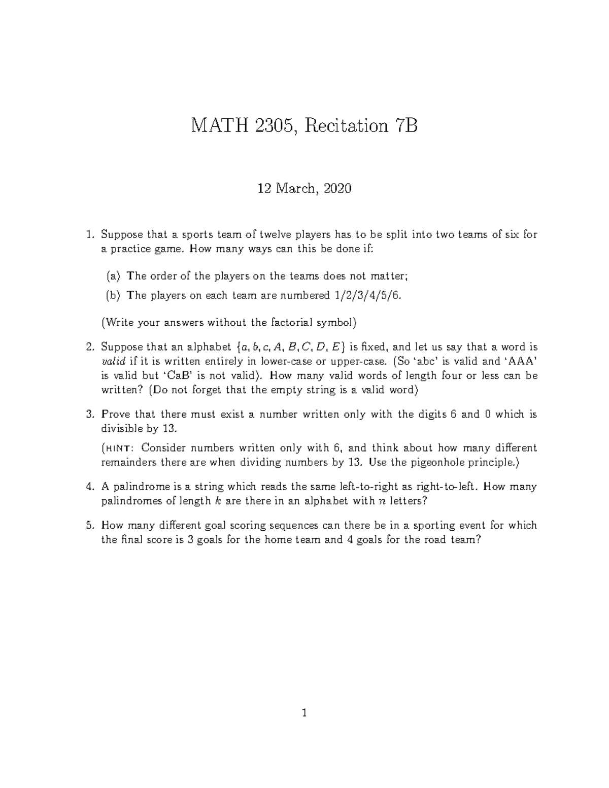 Rec7B - exam - MATH 2305, Recitation 7B 12 March, 2020 Suppose that a ...