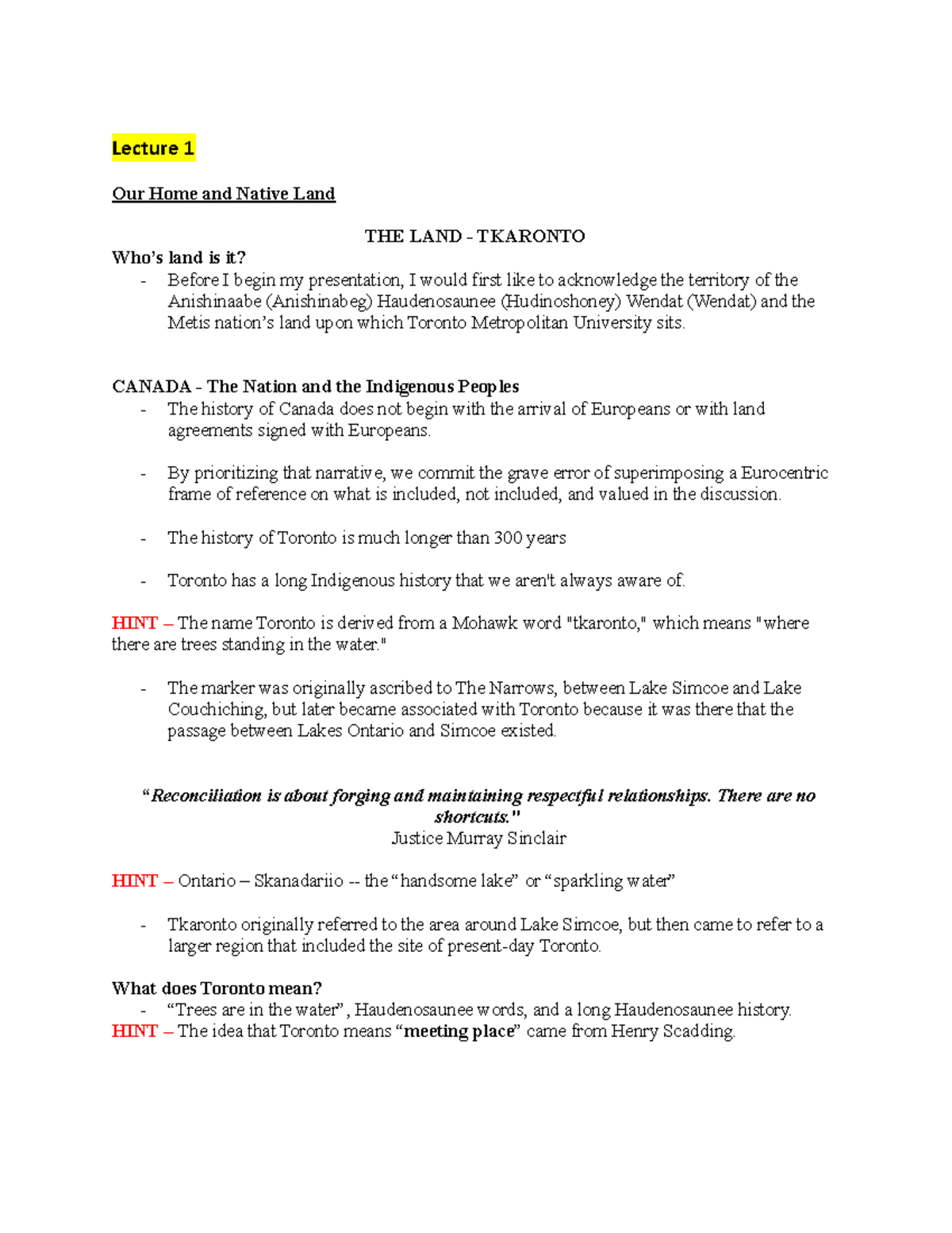 QUIZ 1 Hints - Lecture 1 Our Home and Native Land THE LAND - TKARONTO ...