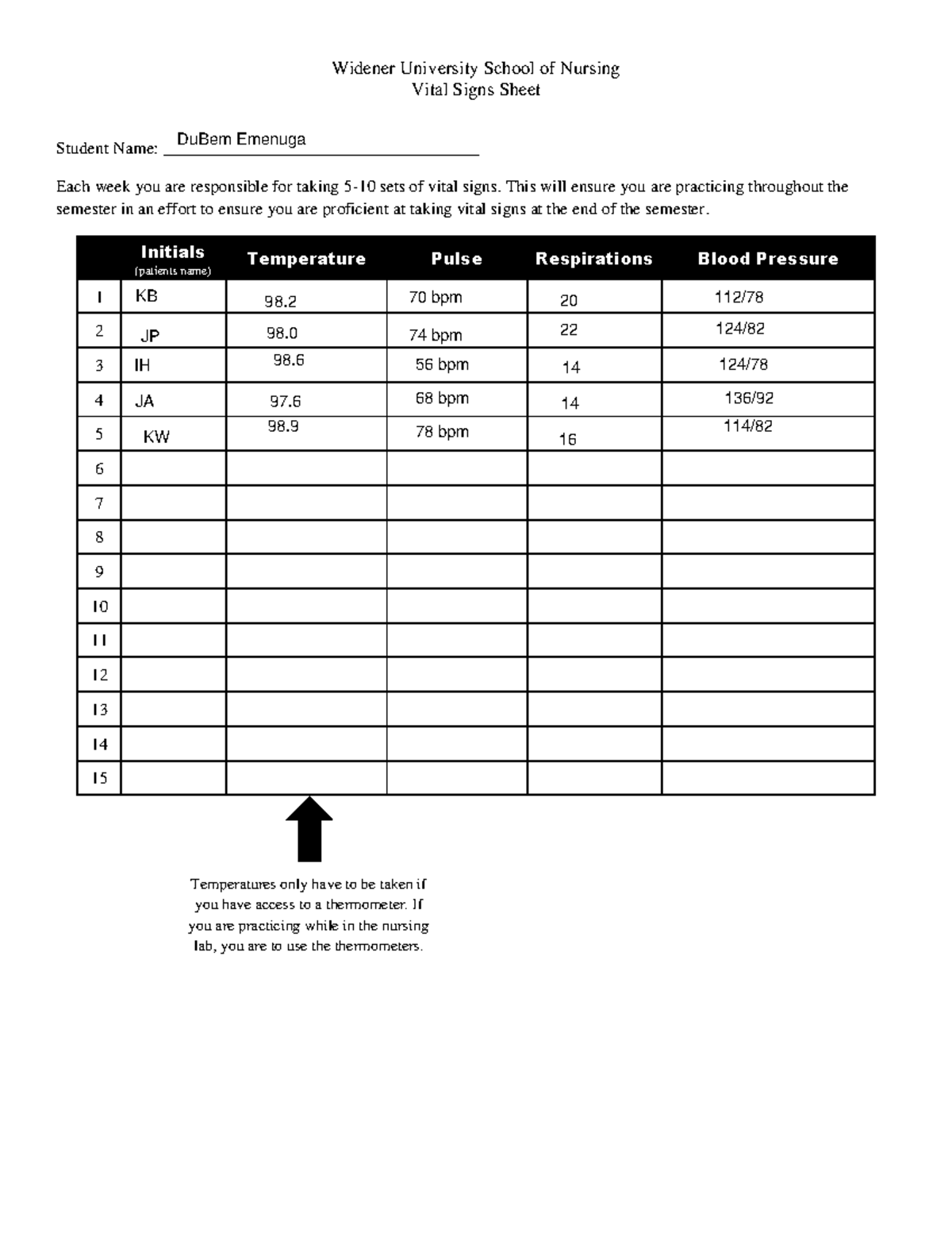 Vital Signs Sheet - Widener University School of Nursing Vital Signs ...