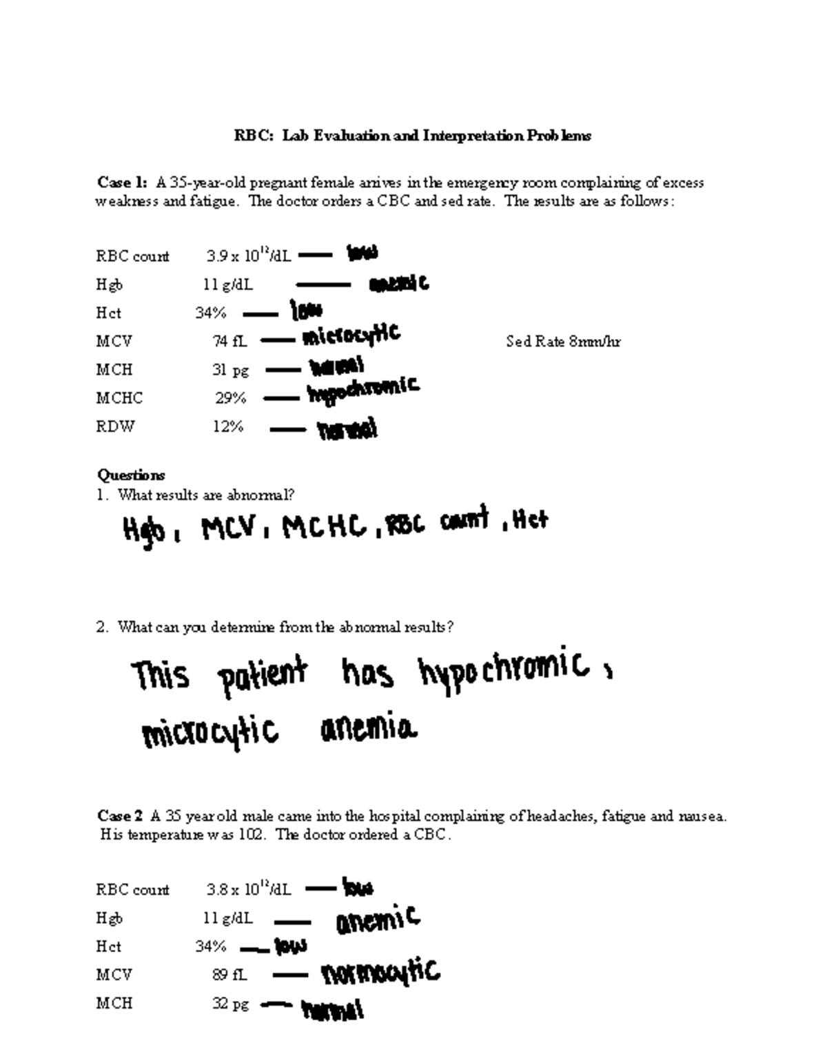RBC case studies - RBC: Lab Evaluation and Interpretation Problems Case 1: A 35-year-old ...