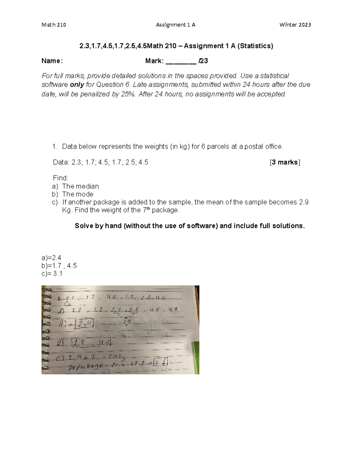 Math 210 - Assignment 1A - Statistics - Winter 2023 - 2,1,4,1,2,4 210 – Assignment 1 A ...