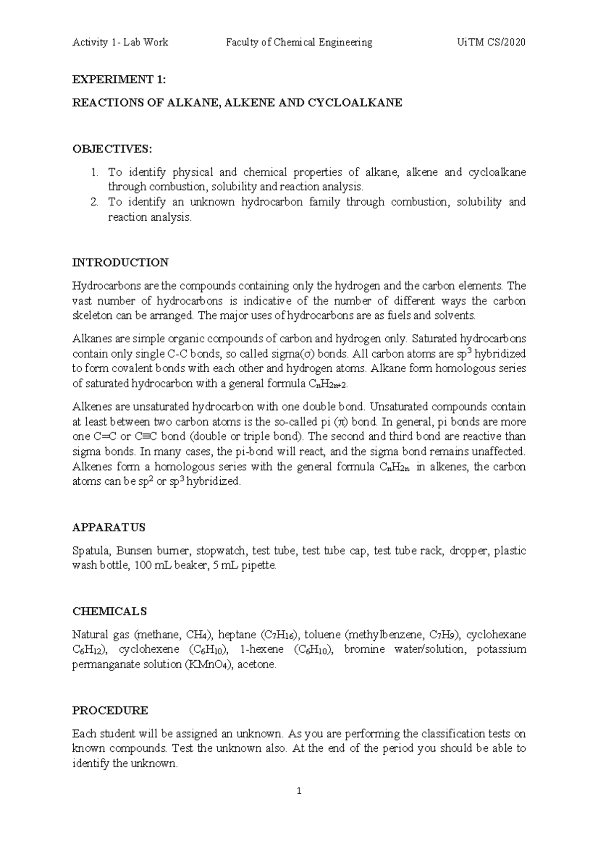 Experiment 1 Lab Manual - EXPERIMENT 1: REACTIONS OF ALKANE, ALKENE AND ...