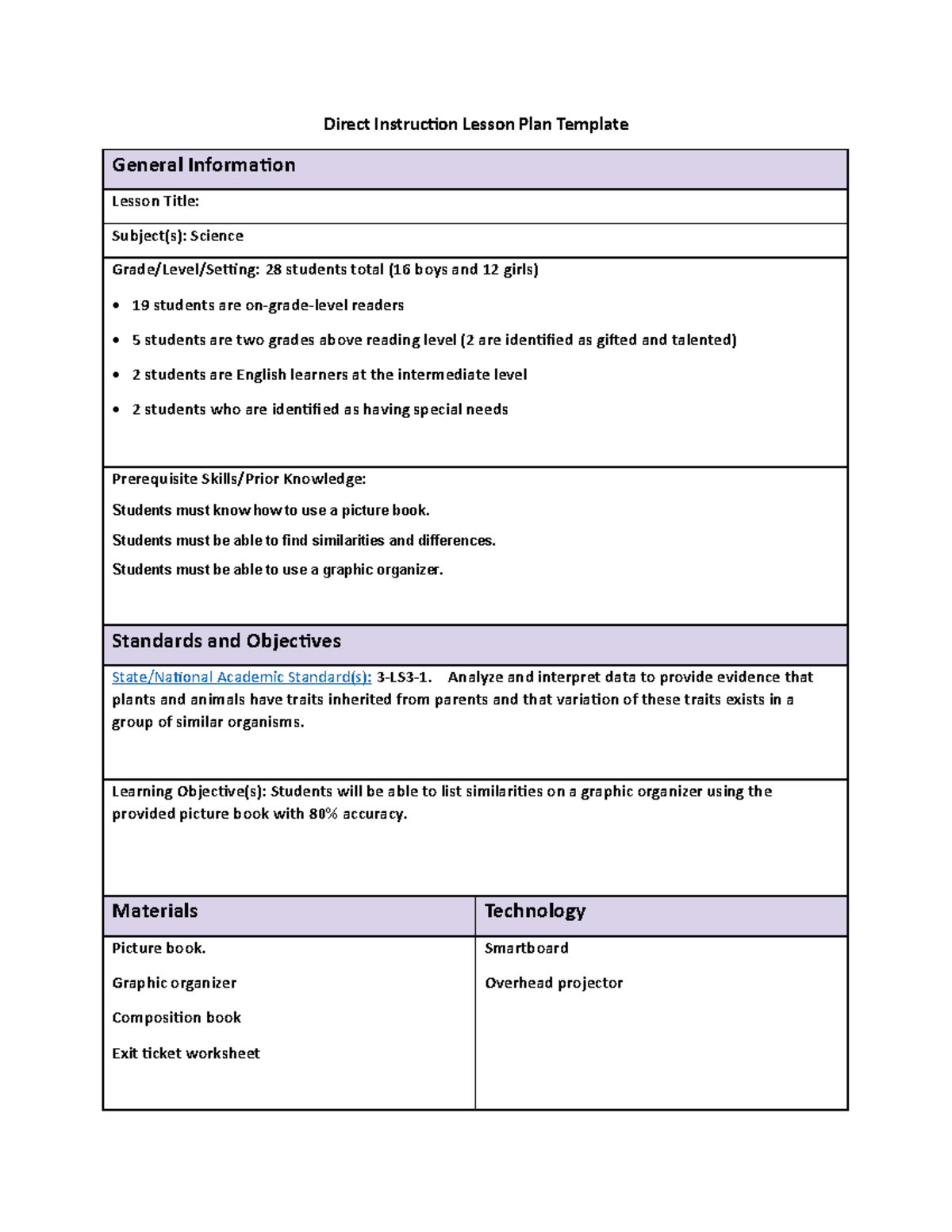 Task 1 - Task 1 - Direct Instruction Lesson Plan Template General ...
