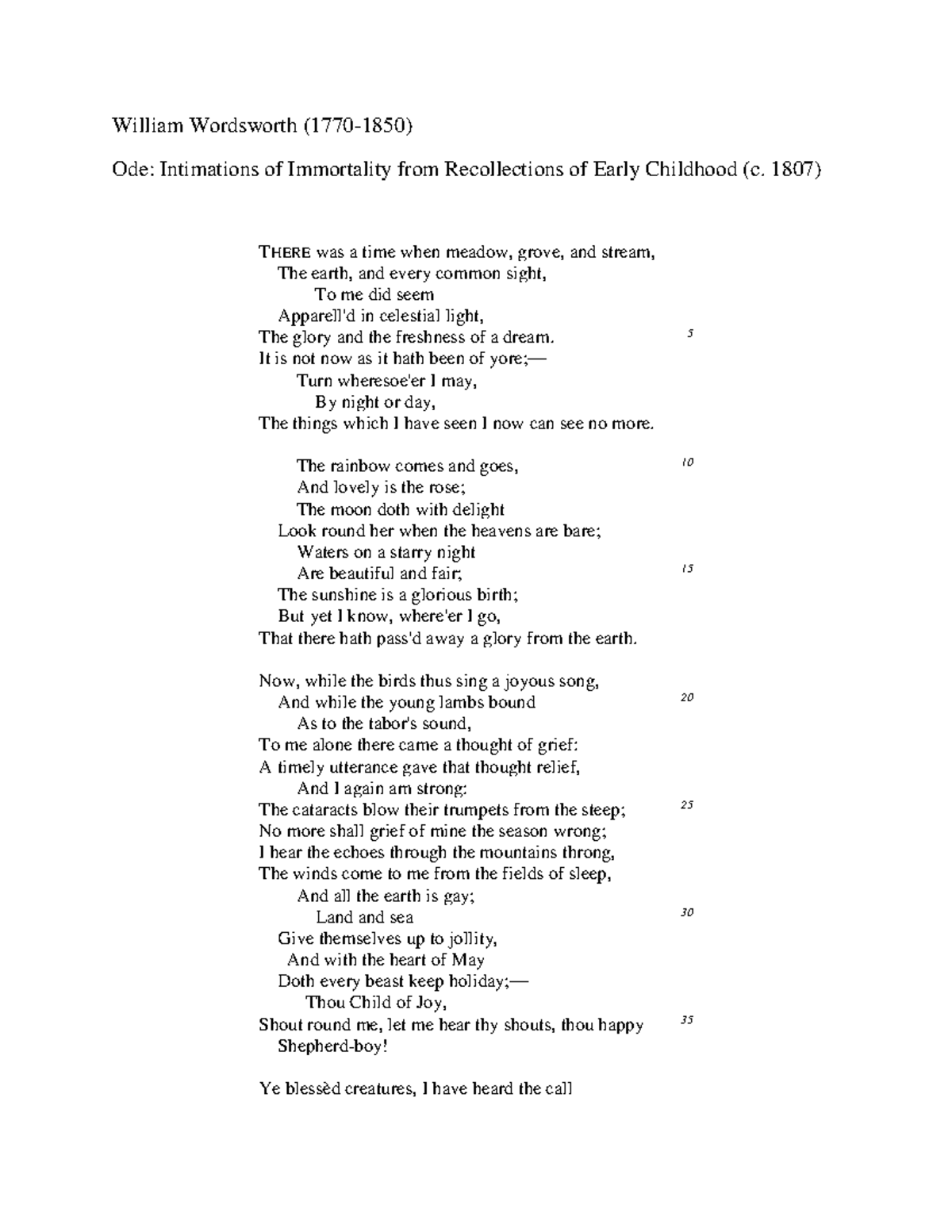 William Wordsworth - 1807) THERE was a time when meadow, grove, and ...