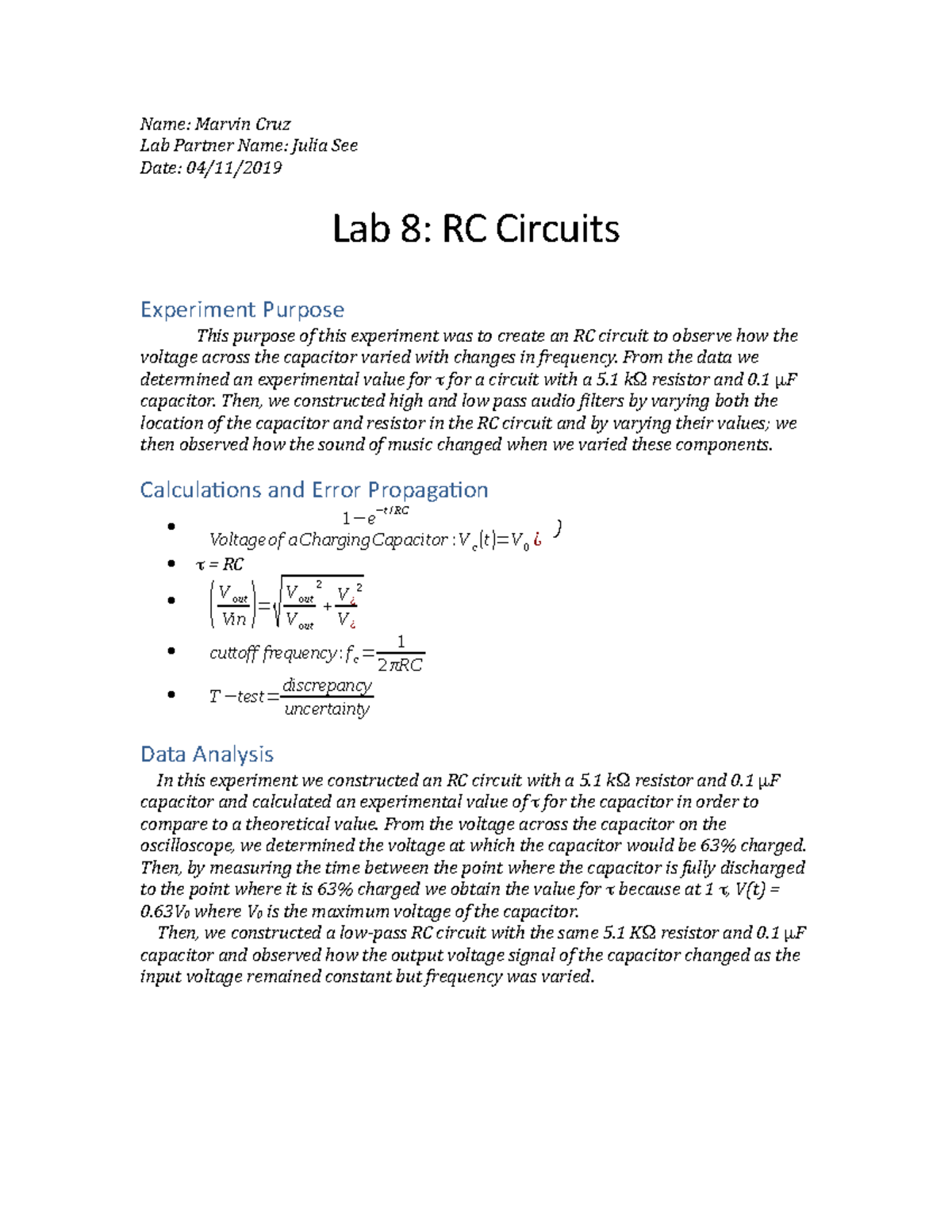 Cruz B9 Lab8 Note - Physics II Lab 8 Note - Name: Marvin Cruz Lab ...