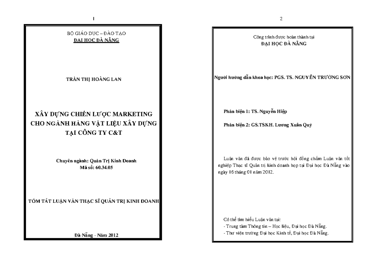 Chiến lược cho bán vật liệu xây dựng - B GIÁO D C – ĐÀO T O Đ I H C ĐÀ N NG TR N TH HOÀNG LAN ...