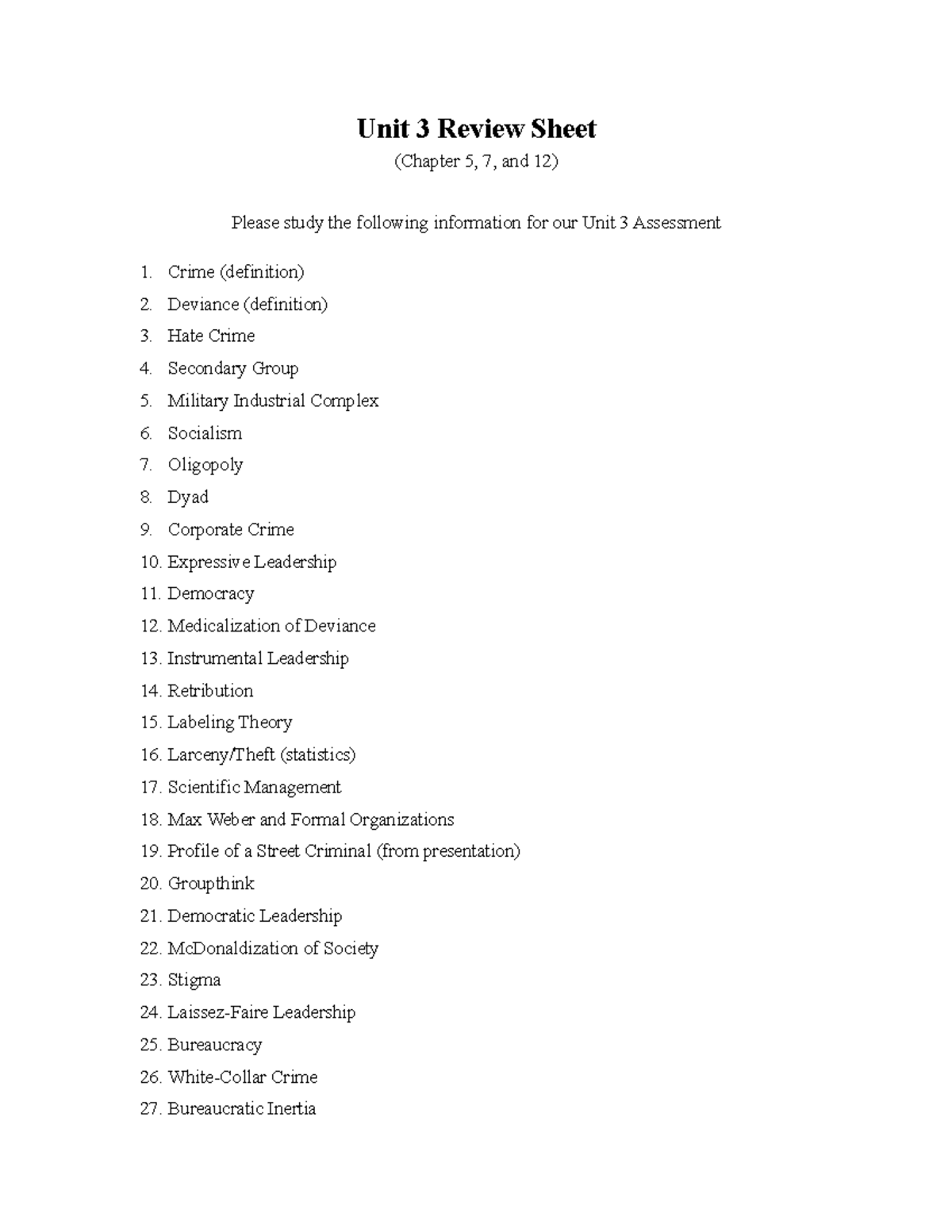 Unit 3 Review Sheet - Unit 3 Review Sheet (Chapter 5, 7, and 12) Please ...