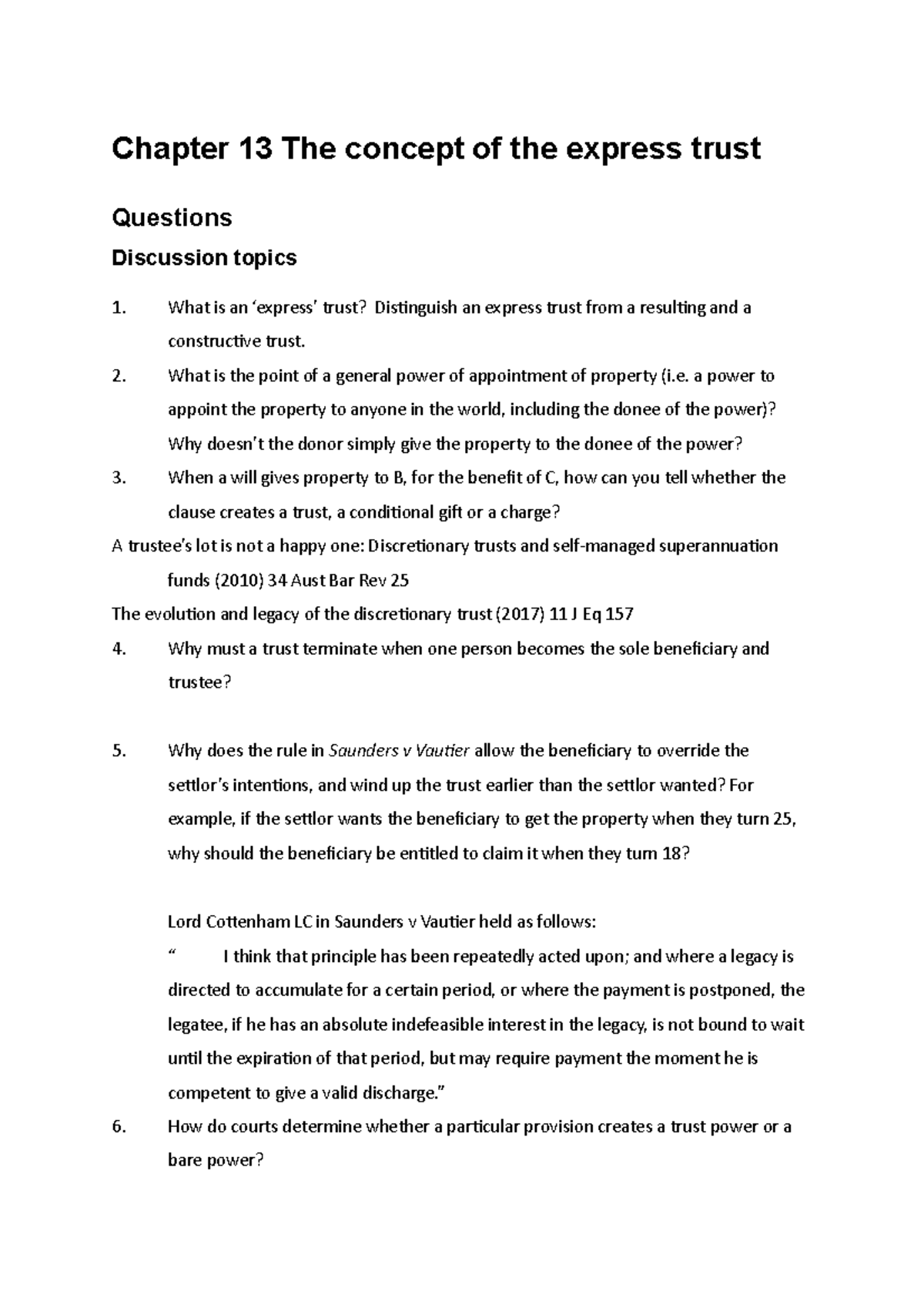 LAWS 420 Week 7 Tutorial Questions - LAWS303 - Equity and Trusts ...