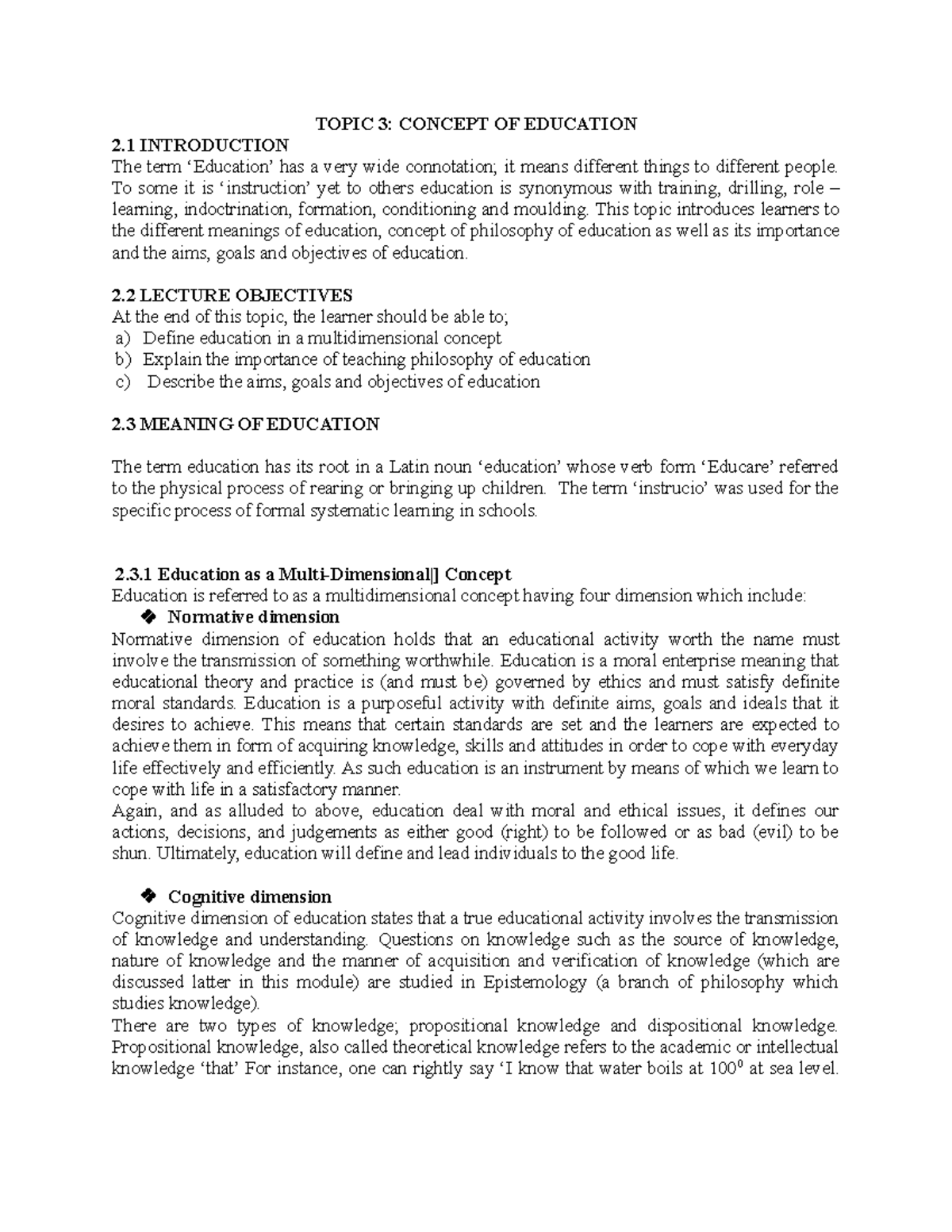 Lesson 3 EFN 3300 - Arts - TOPIC 3: CONCEPT OF EDUCATION 2 INTRODUCTION ...