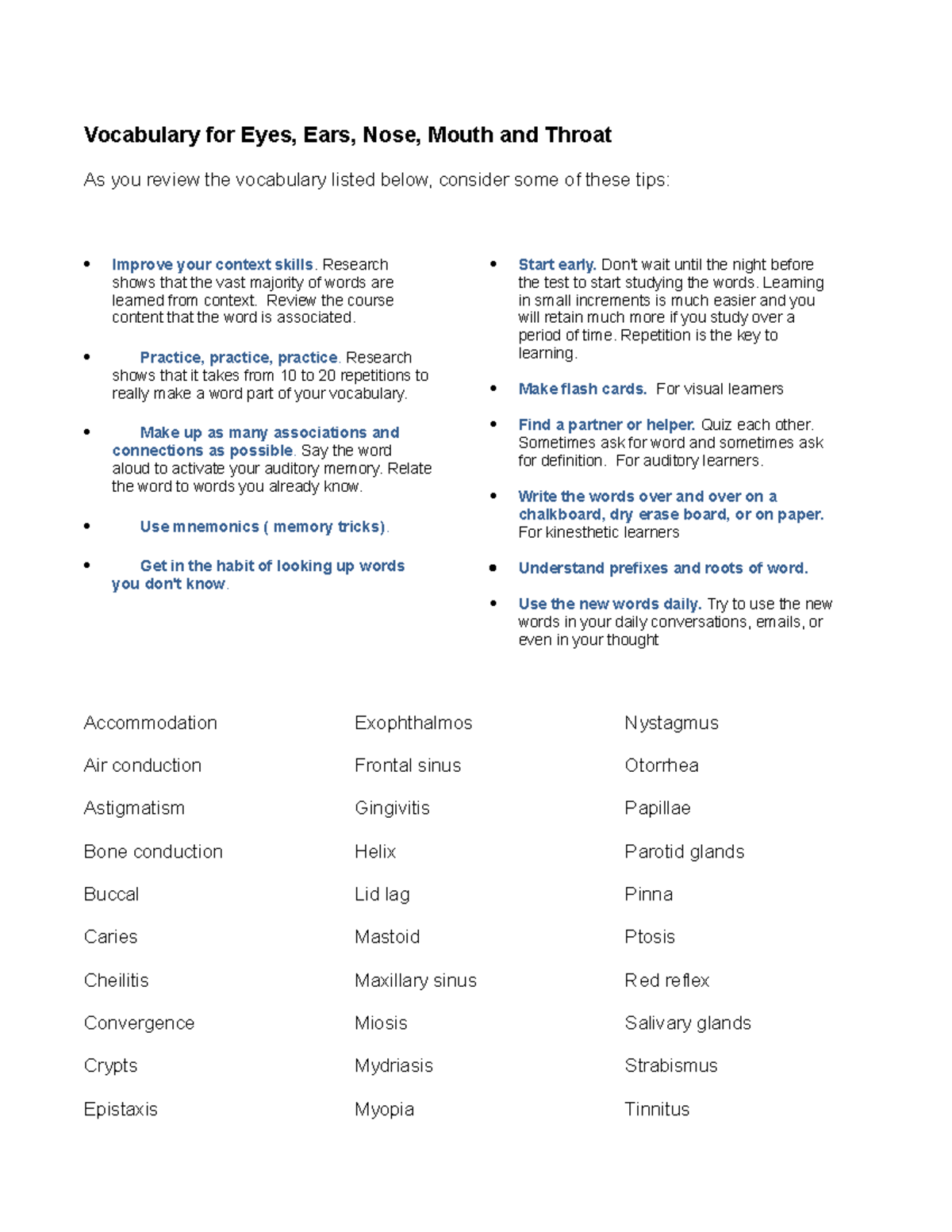 Vocabulary for eyes, ears, nose, mouth and throat - Vocabulary for Eyes ...