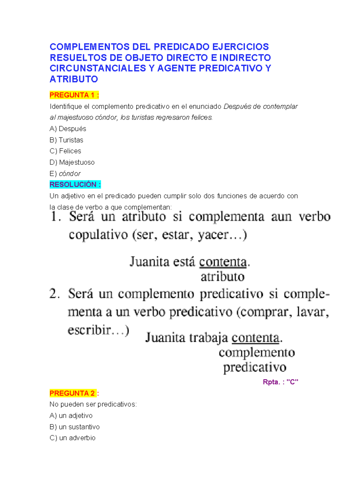 Complementos DEL Predic Preguntas PARA EL Examen DE Gramatica.- 2023 ...