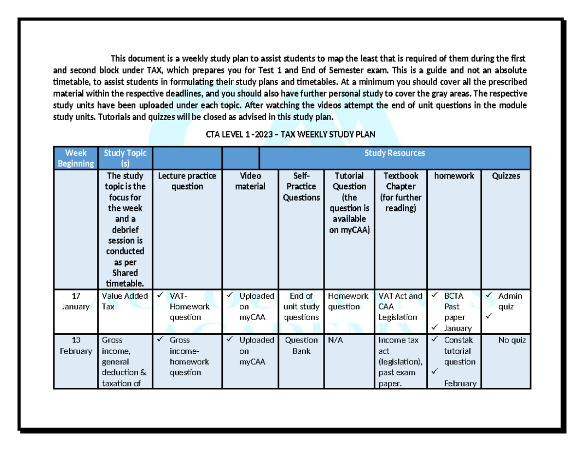 2023 CTA Level 1 Semester 1 Weekly Study PLAN - 2023 - This document is ...