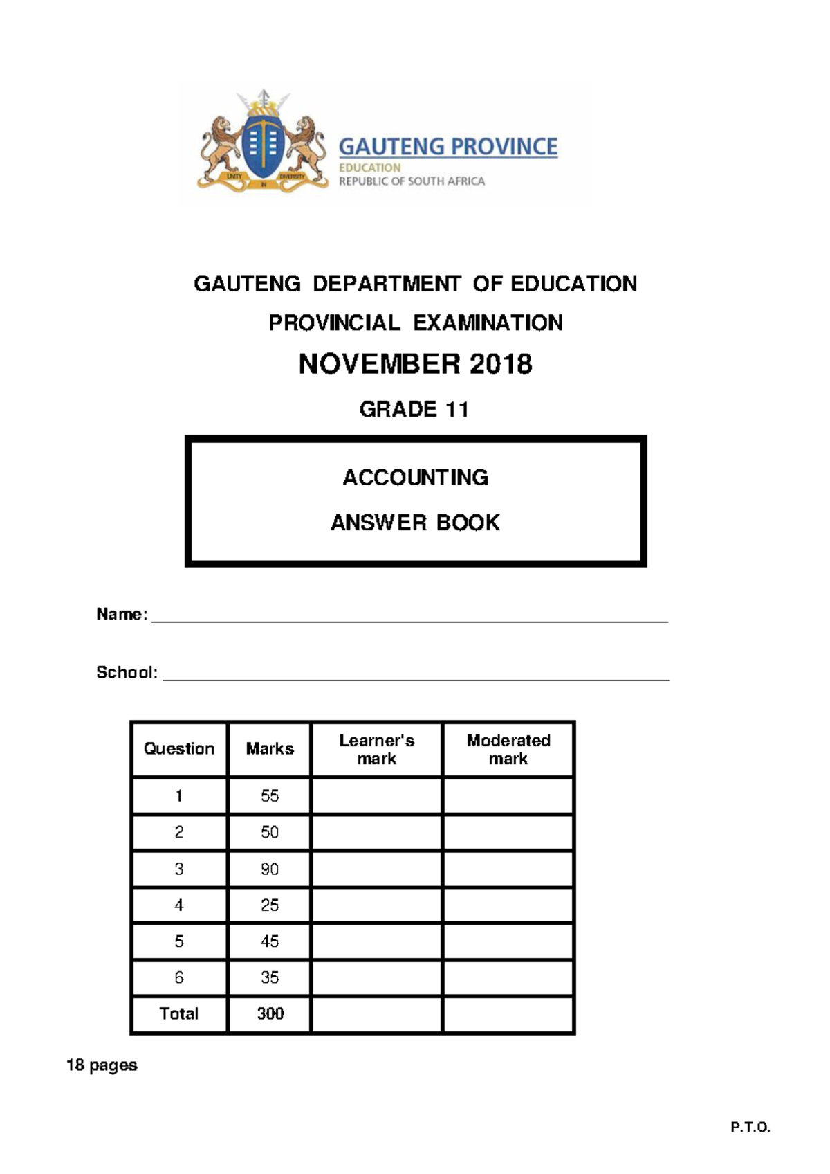 Grade 11 Provincial Examination Accounting November 2018 Question Paper ...