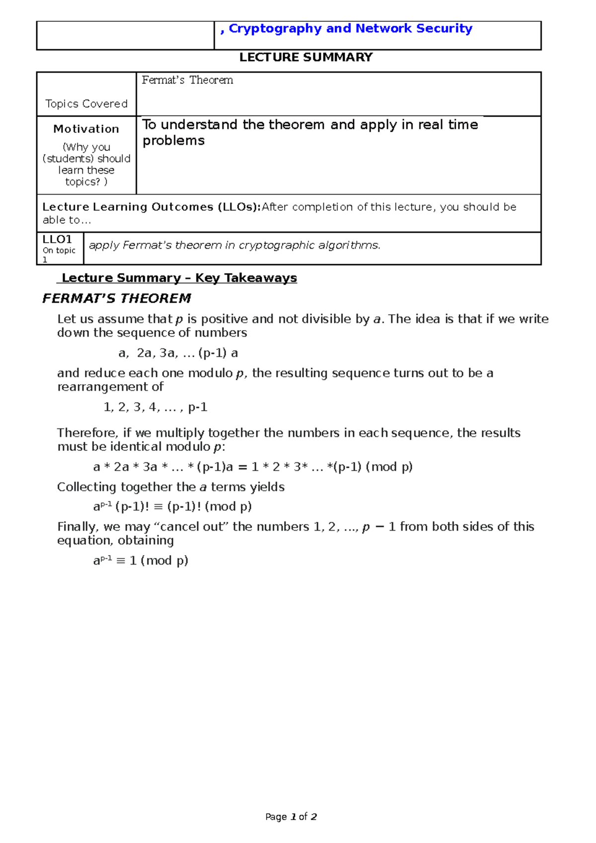 Fermat’s Theorem - , Cryptography and Network Security LECTURE SUMMARY Topics Covered Fermat’s ...